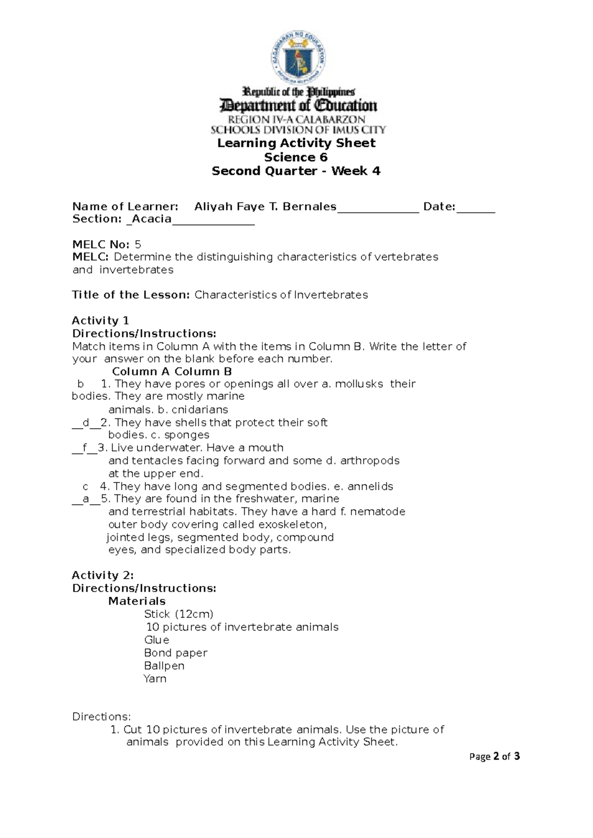 SCIENCE GROUP6 Q2 W4 LAS - Learning Activity Sheet Science 6 Second ...