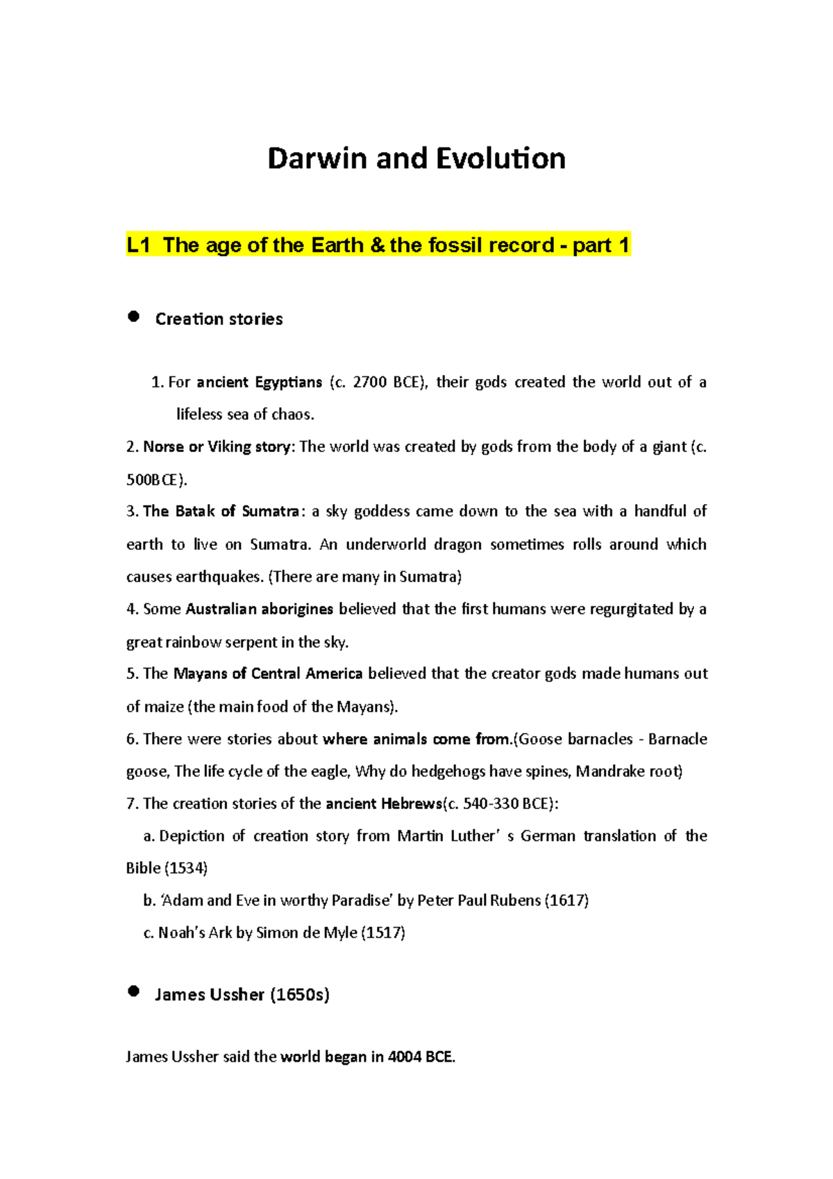 Notes - Darwin and Evolution L1 The age of the Earth & the fossil ...