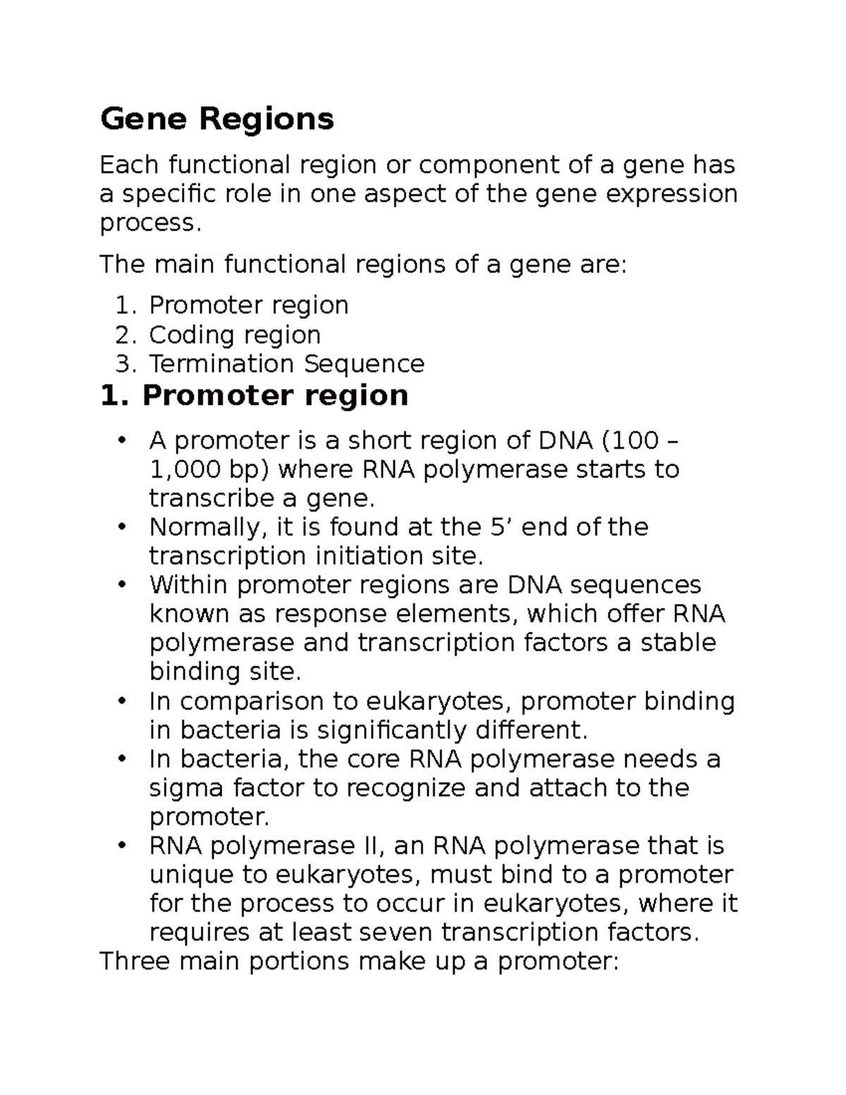 Bio 6 - Notes - Gene Regions Each functional region or component of a ...