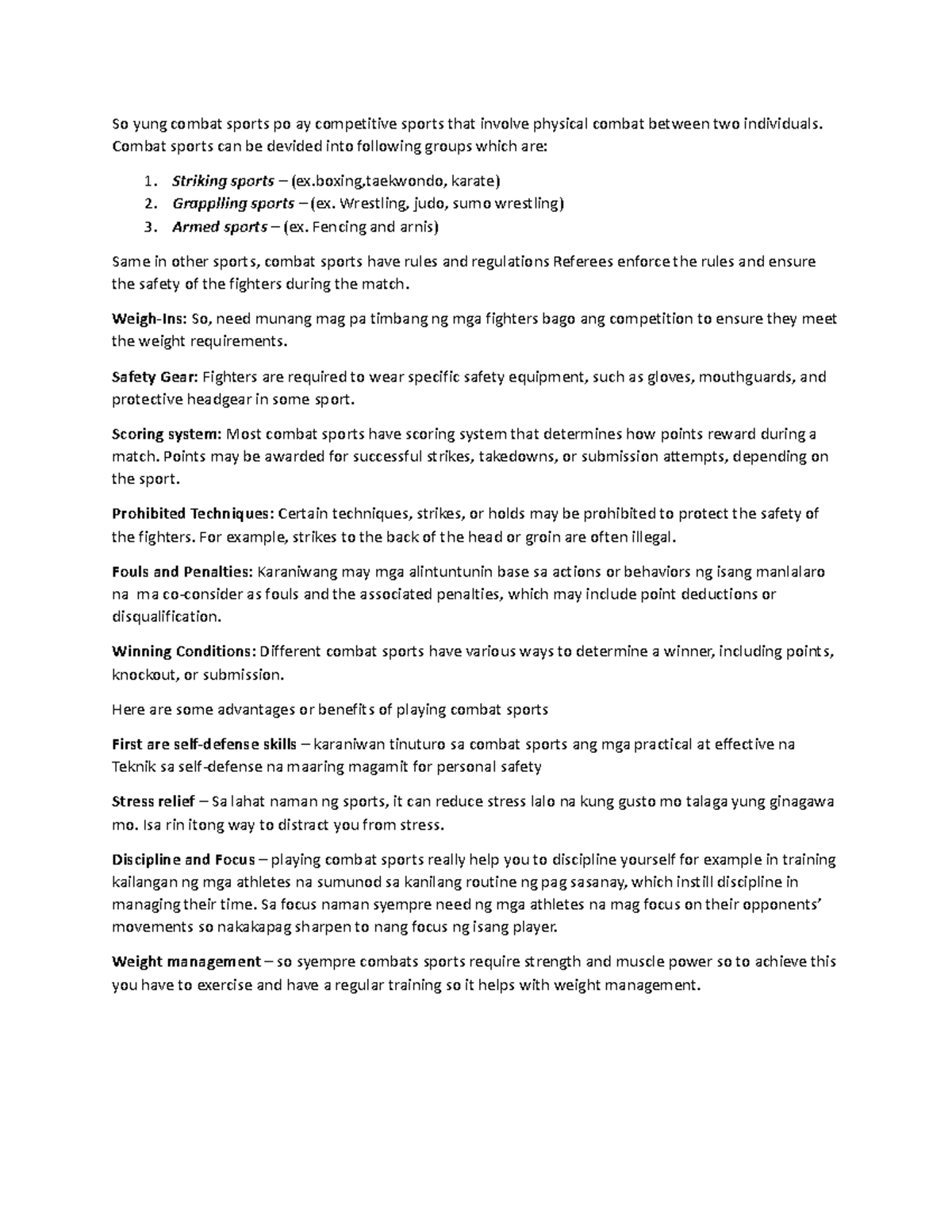 Script IN Pathfit - LA LANGS - So yung combat sports po ay competitive ...