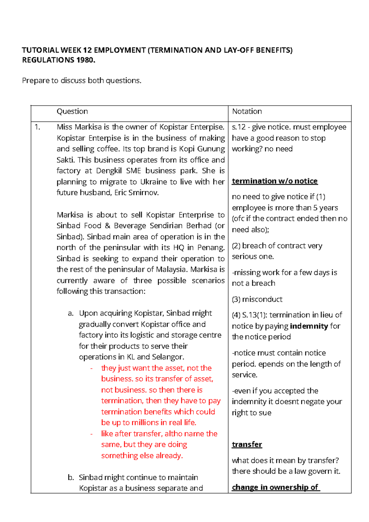 EMPLOYMENT LAW TUTO (TERMINATION AND LAY-OFF BENEFITS) - TUTORIAL WEEK 12 EMPLOYMENT ...