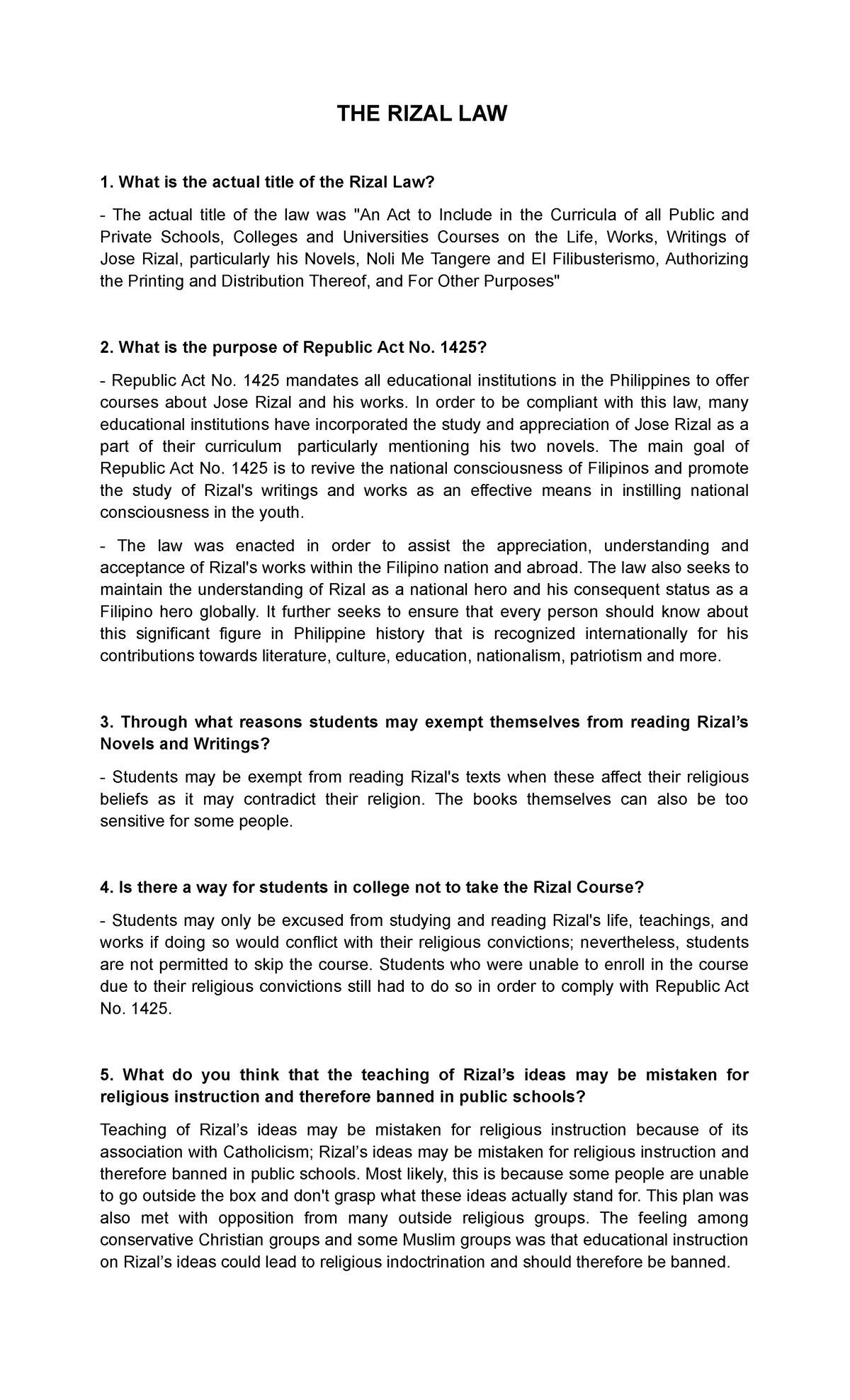 LEC 1-5 - Lecture 1-5 - THE RIZAL LAW What is the actual title of the Rizal Law? The actual ...