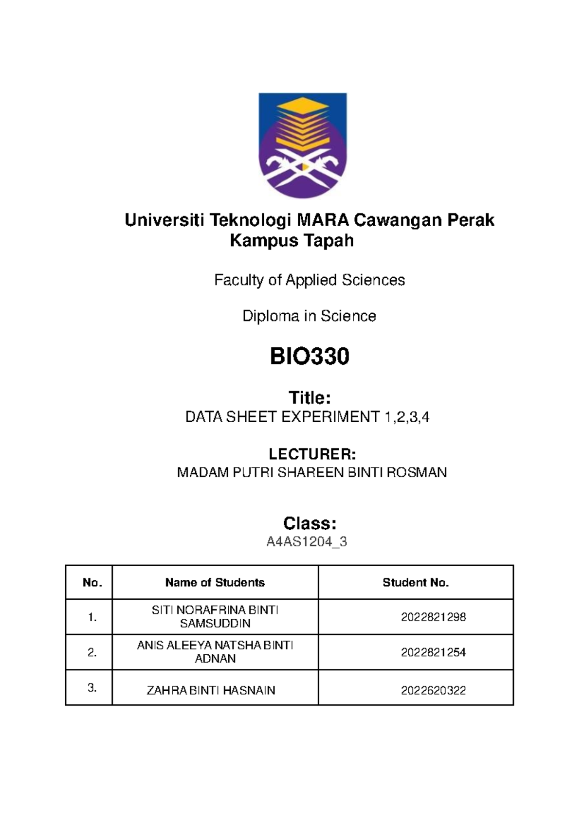 ALL Datasheet BIO330 - Universiti Teknologi MARA Cawangan Perak Kampus ...