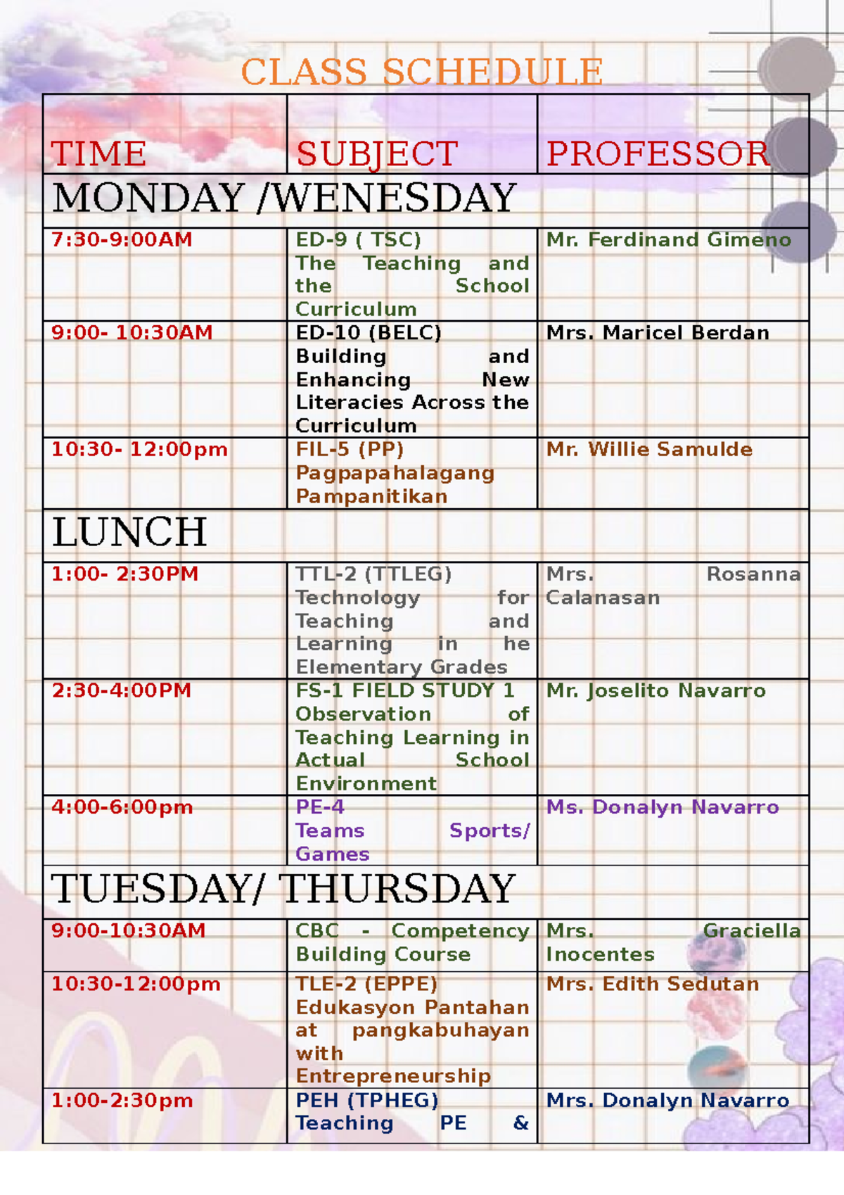 A- Schedule - CLASS SCHEDULE TIME SUBJECT PROFESSOR MONDAY /WENESDAY 7: ...