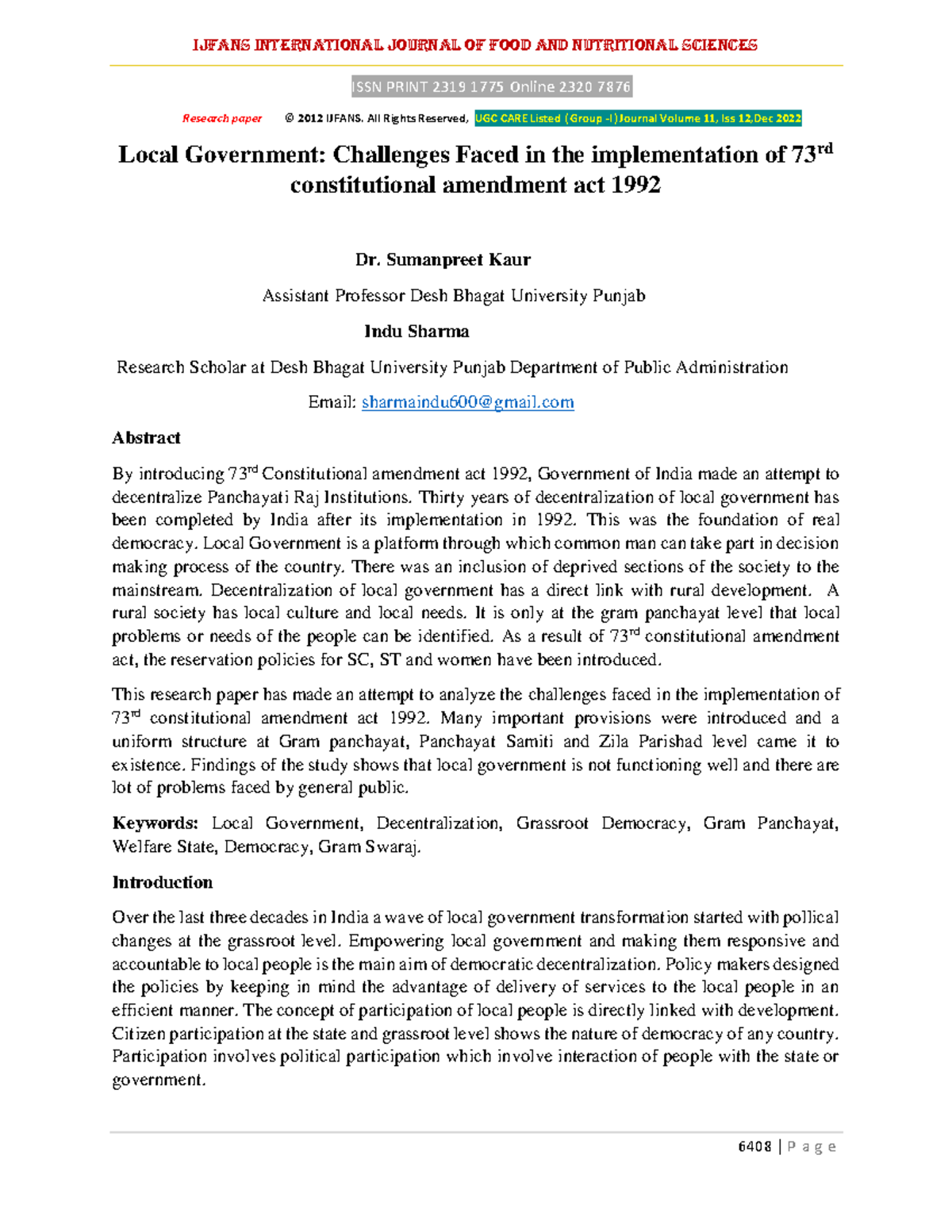 Challenge for 73rd amendment - ISSN PRINT 2319 1775 Online 2320 7876 ...