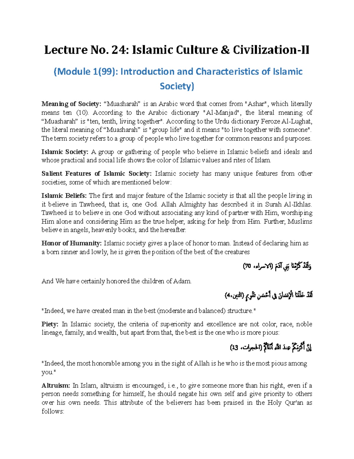 Handouts Lecture 24 ISL 202 (English) - Lecture No. 24: Islamic Culture ...