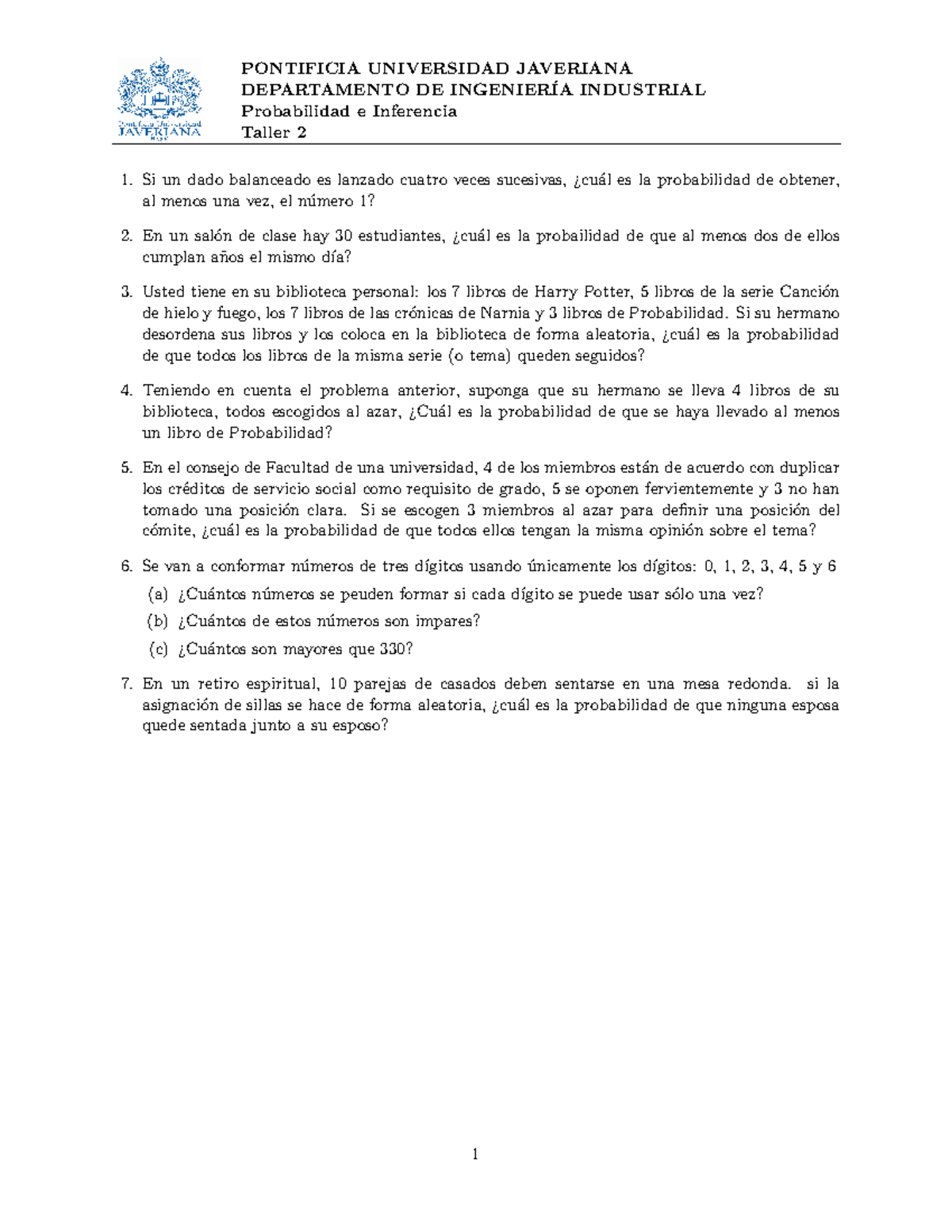 T3 - dfggf - PONTIFICIA UNIVERSIDAD JAVERIANA DEPARTAMENTO DE INGENIER ...