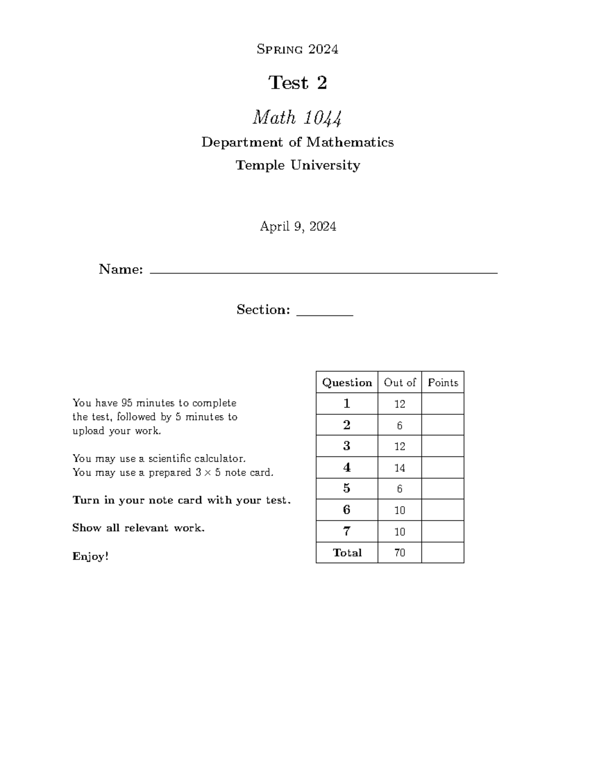 Spring 2024 Math 1044 Test 2 Solutions - Spring 2024 Test 2 Math 1044 ...