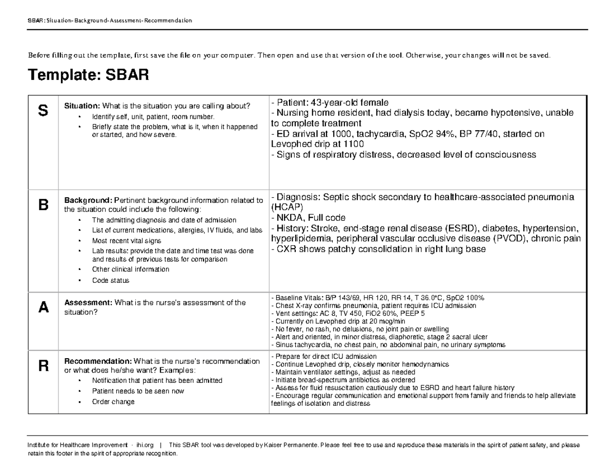 SBAR ICU - SBAR - SBAR: Situation-Background-Assessment-Recommendation Institute for Healthcare ...
