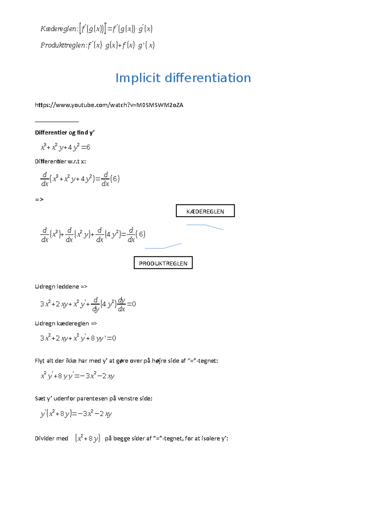 Implicit differentiation - Kædereglen:[f'(g(x))] ' =f'(g(x))·g'(x) - Studocu