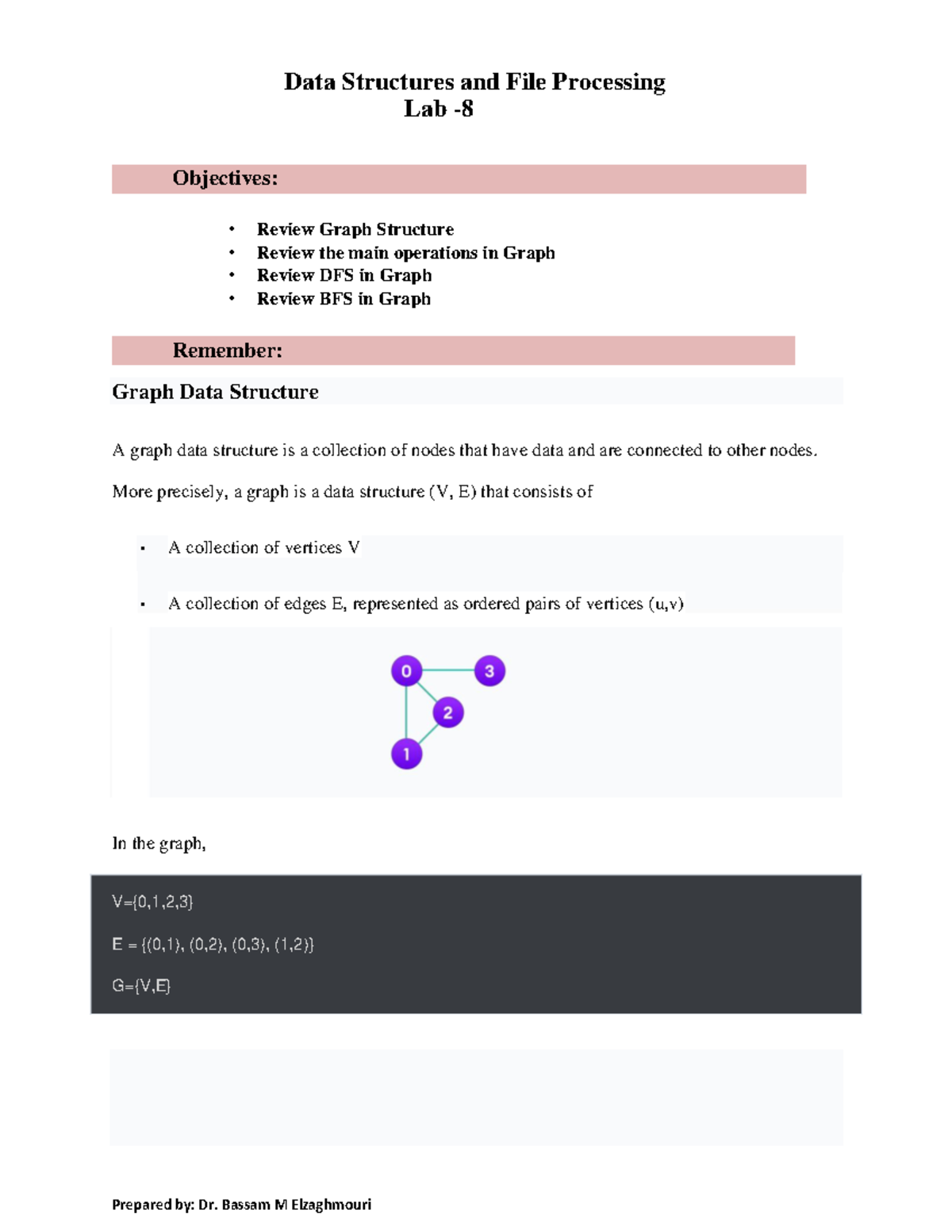 Data Structures Lab8 - Data Structures and File Processing Lab - 8 Objectives: Review Graph ...