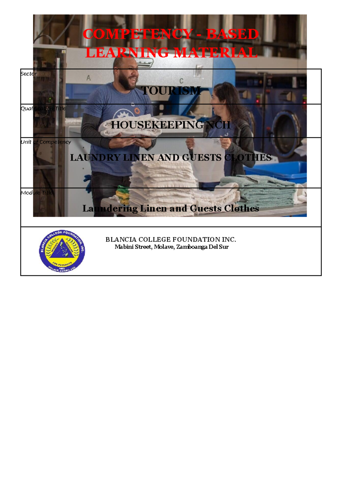 4- Laundry - Report for housekeeping - COMPETENCY - BASED LEARNING ...