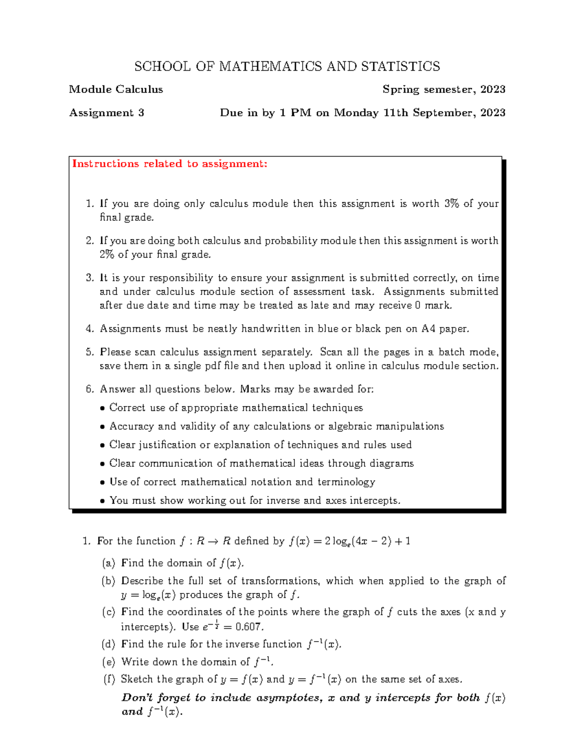Calculus assignment 3 sem2 2023 - SCHOOL OF MATHEMATICS AND STATISTICS Module Calculus Spring ...
