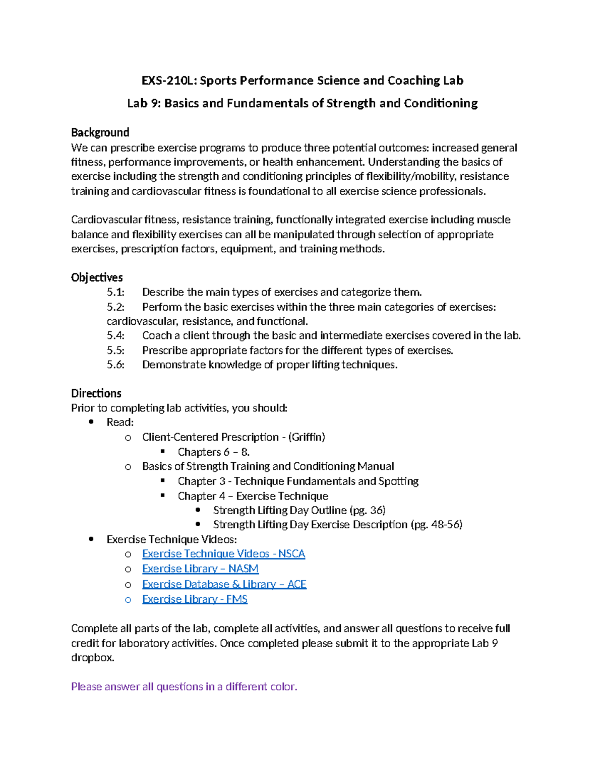 Lab 9 - 100% - EXS-210L: Sports Performance Science and Coaching Lab ...