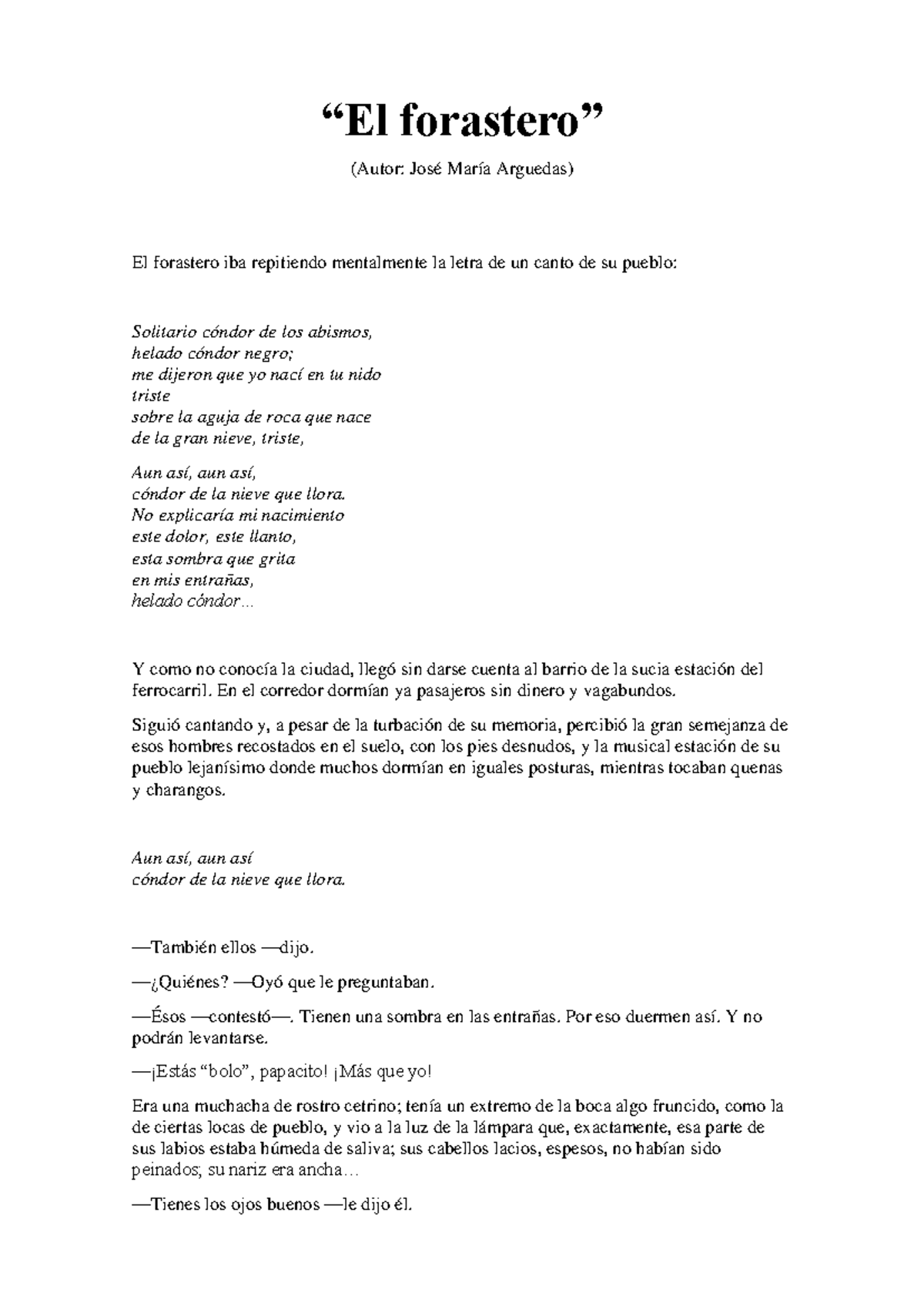 El forastero - Obra de Jose Maria Arguedas - “El forastero” (Autor ...