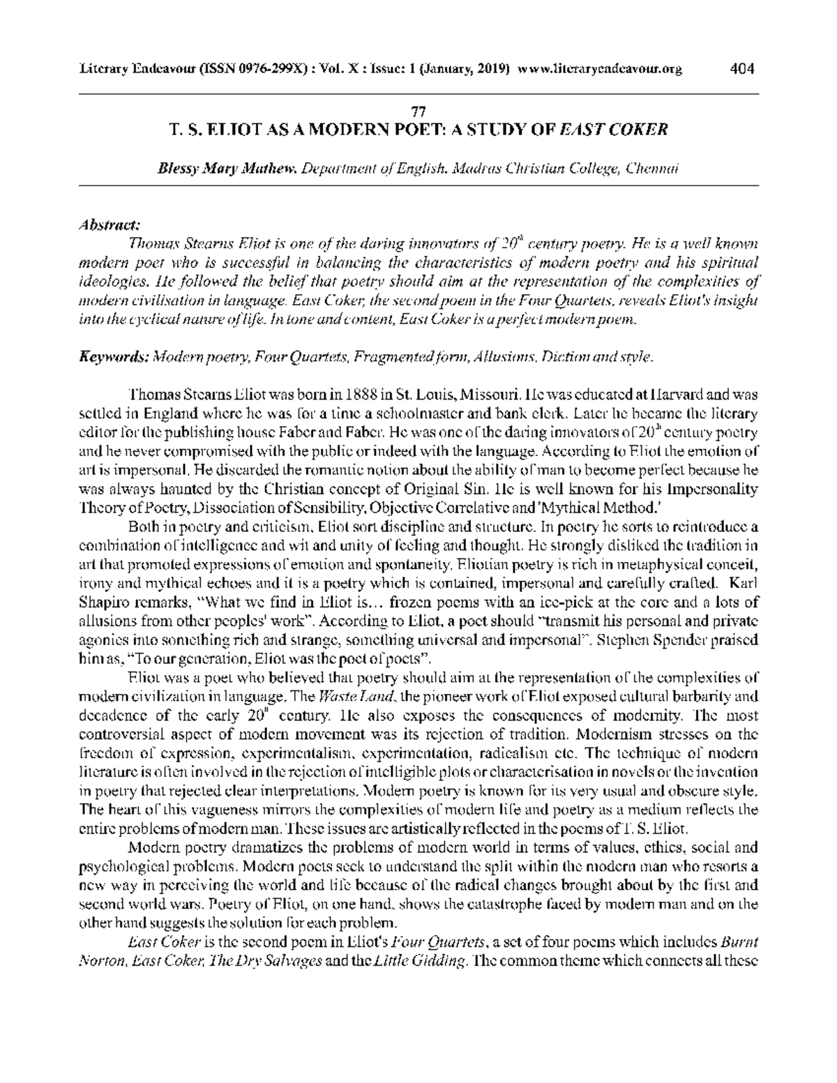 2019-01 77.T.S. Eliot AS A Modern POET A Study OF EAST Coker - English ...