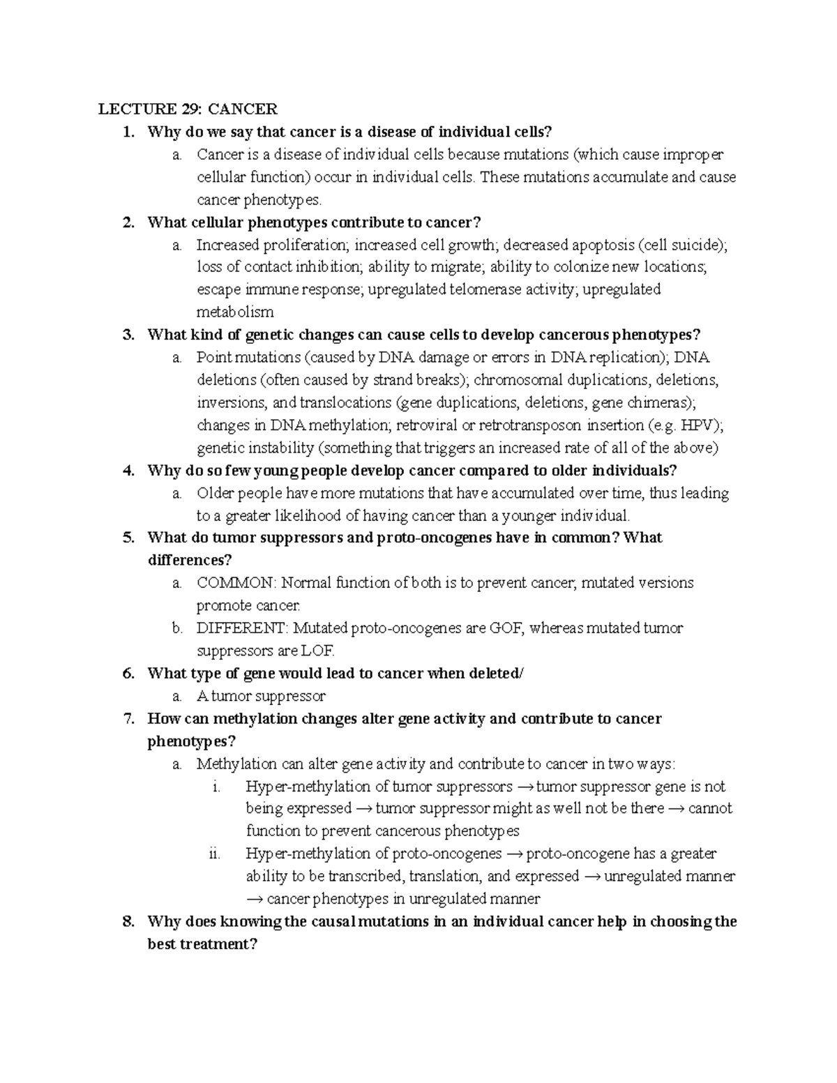 Bio 172 Lecture 29 Notes - LECTURE 29: CANCER 1. Why do we say that ...