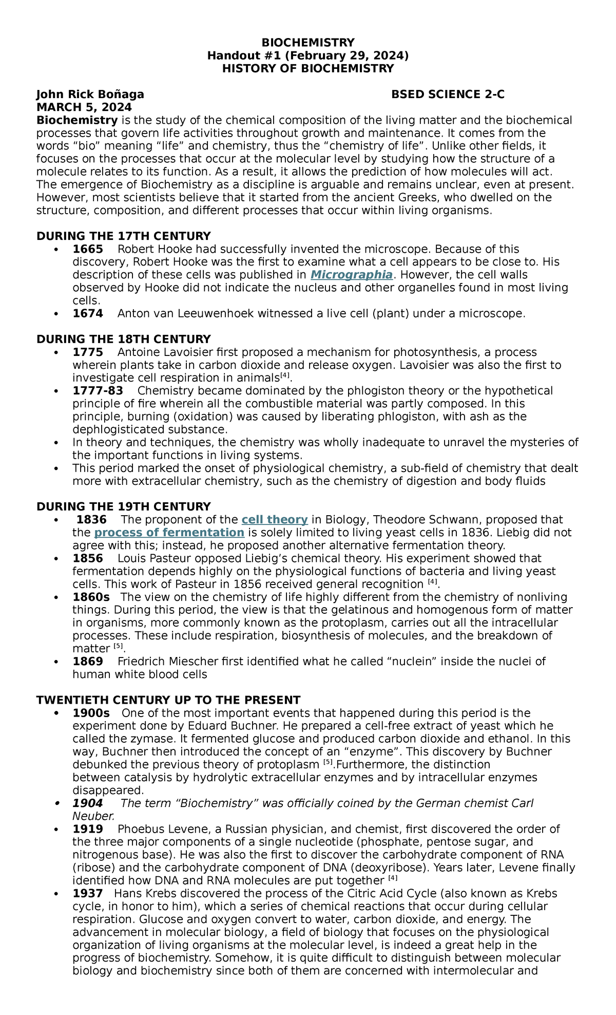 Handout Task 1 in Biochemistry - BIOCHEMISTRY Handout #1 (February 29 ...