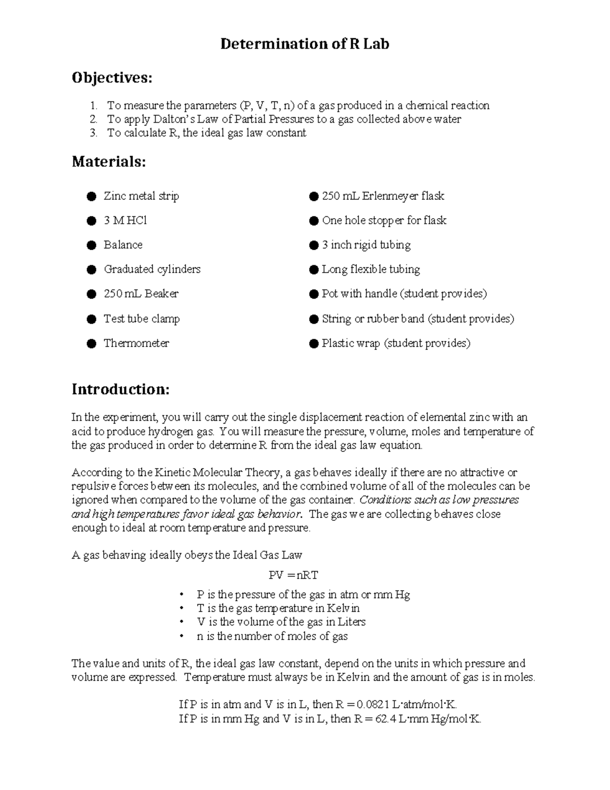 Lab 10 - Determination of R - Determination of R Lab Objectives: 1. To measure the parameters (P ...