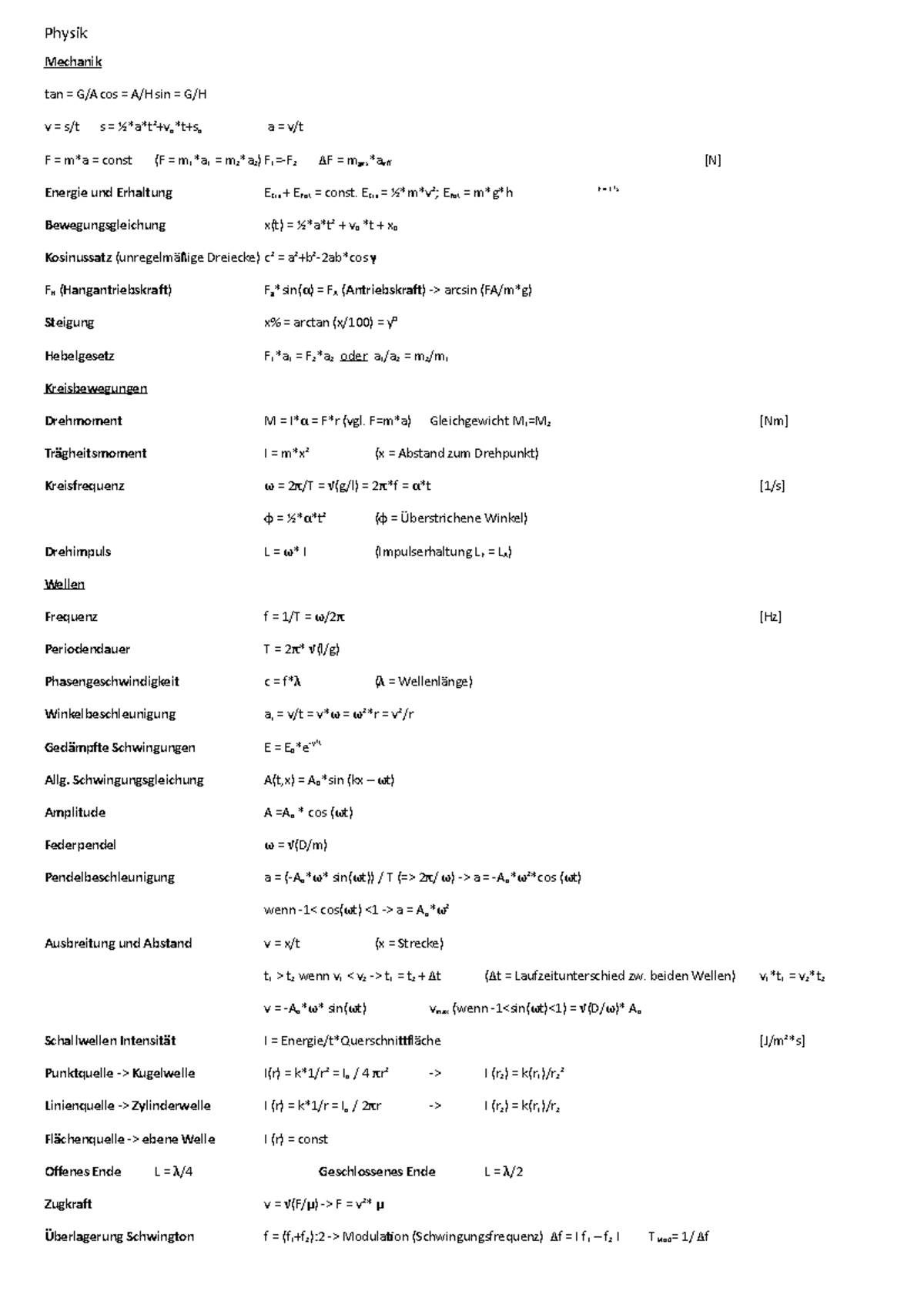 Physik Formeln - Physik Mechanik tan = G/Acos = A/Hsin = G/H v = s/t s ...