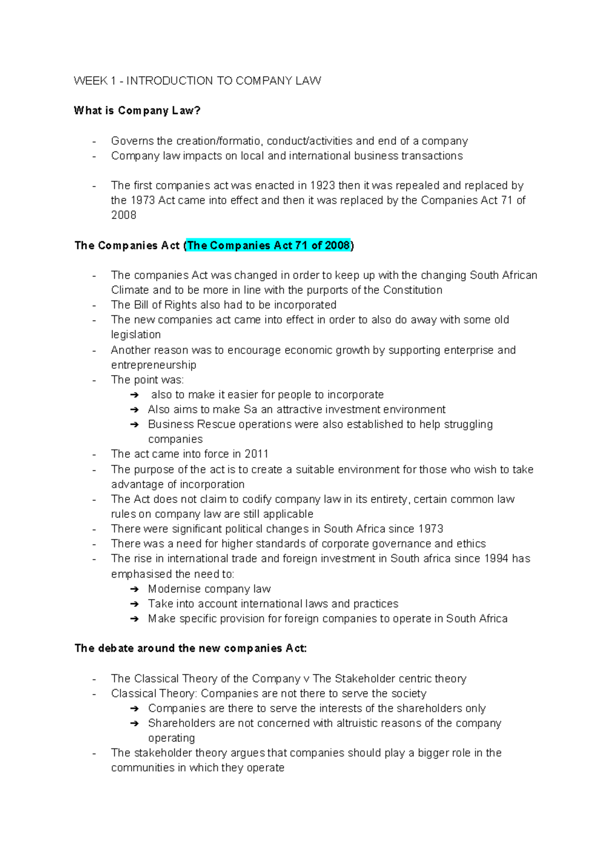 Business Entities Lecture Notes - WEEK 1 - INTRODUCTION TO COMPANY LAW ...