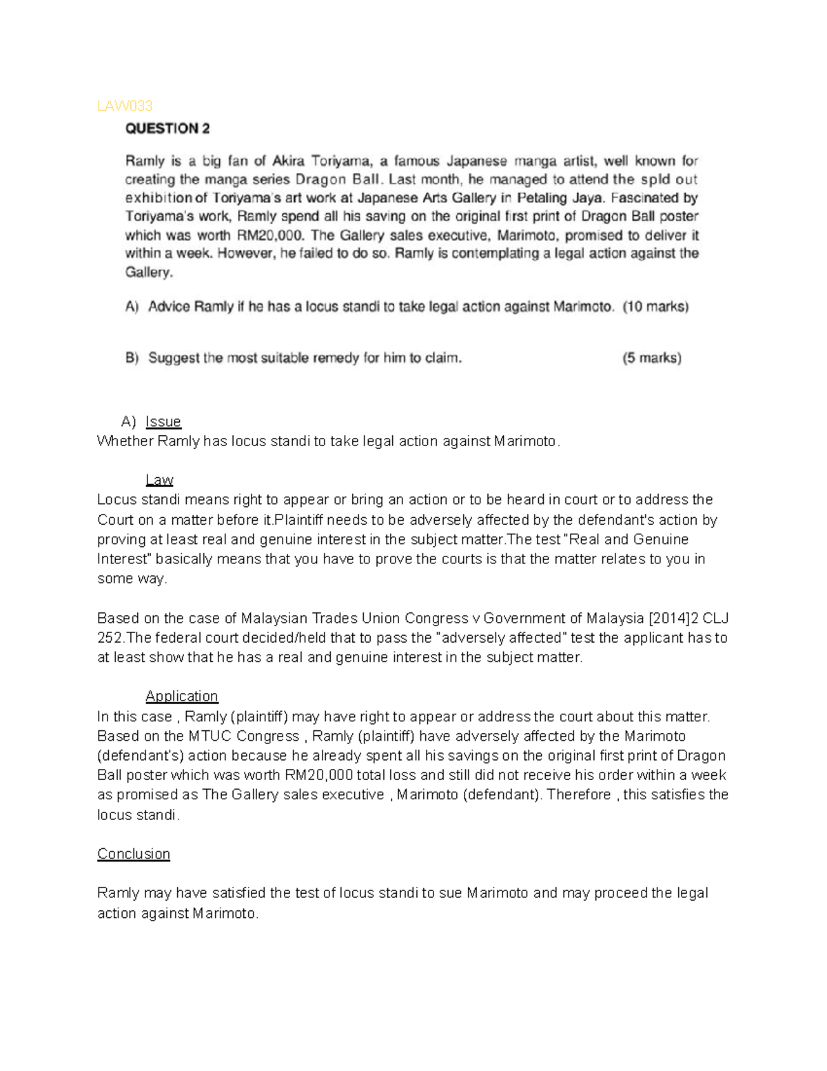LAW033-ILAC (qis) - Preliminary Matters - LAW A) Issue Whether Ramly ...