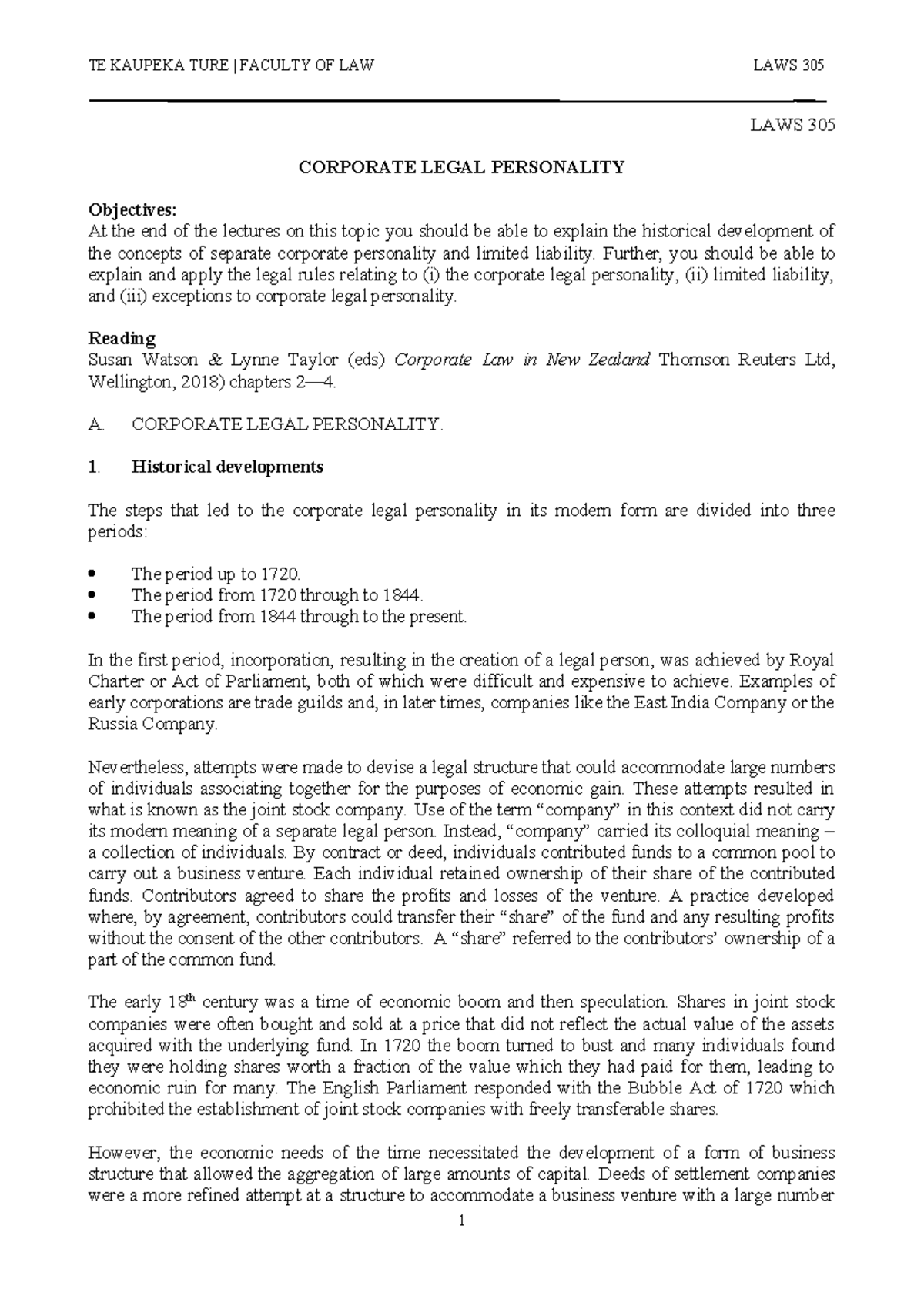 Corporate Personality handout - LAWS 305 CORPORATE LEGAL PERSONALITY ...