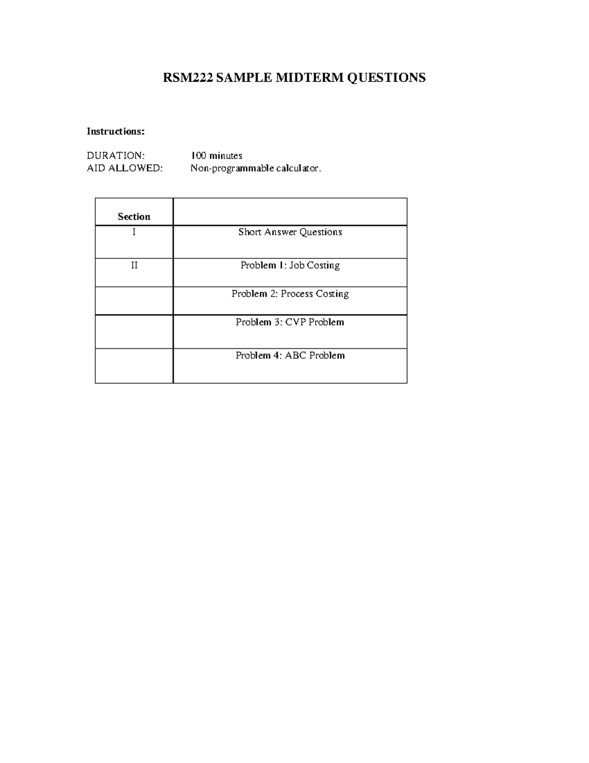 RSM222.s21 Sample Test Costing Qs Only - Post - RSM 222 SAMPLE MIDTERM ...