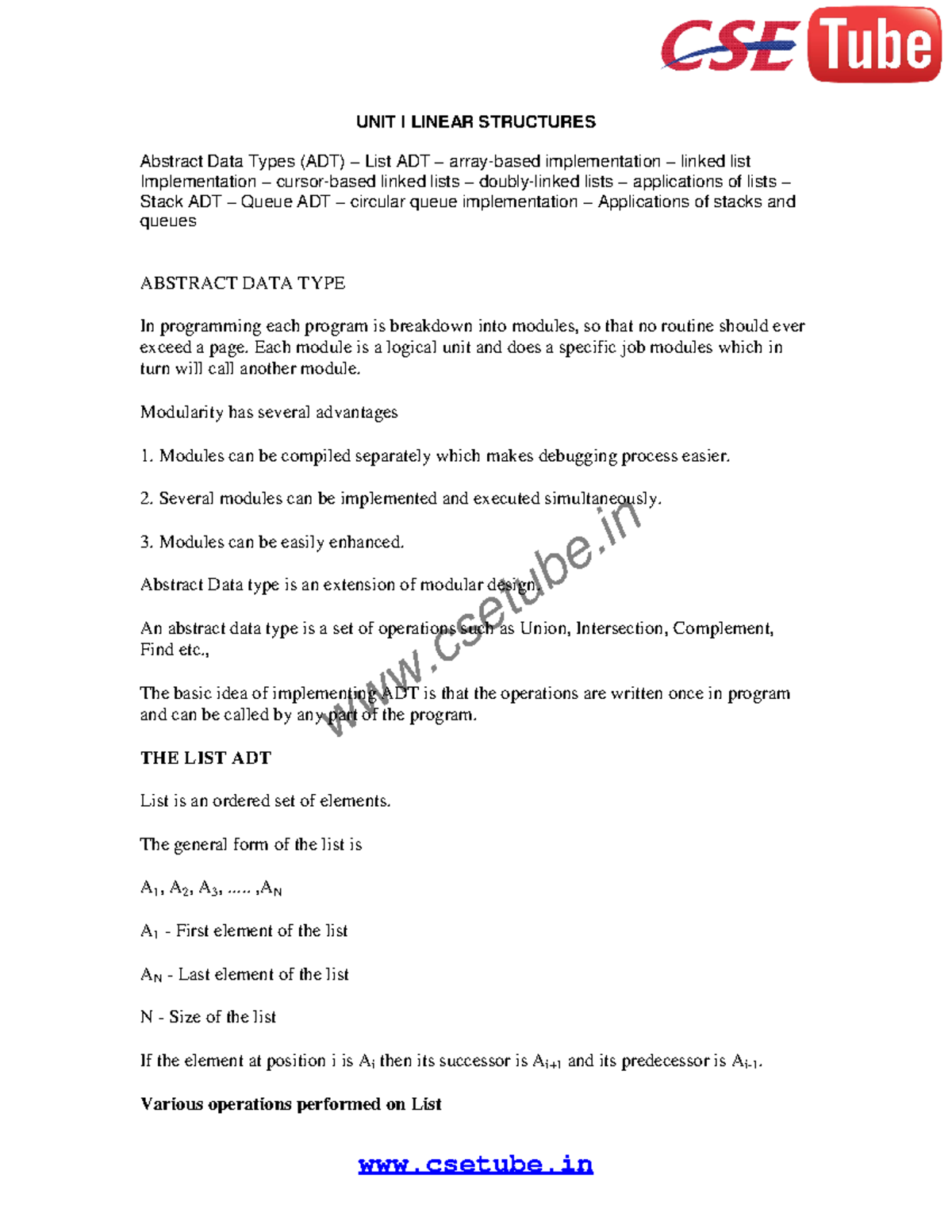 DS 1-4 - safas asdfasfd asdf af - csetube UNIT I LINEAR STRUCTURES Abstract Data Types - Studocu