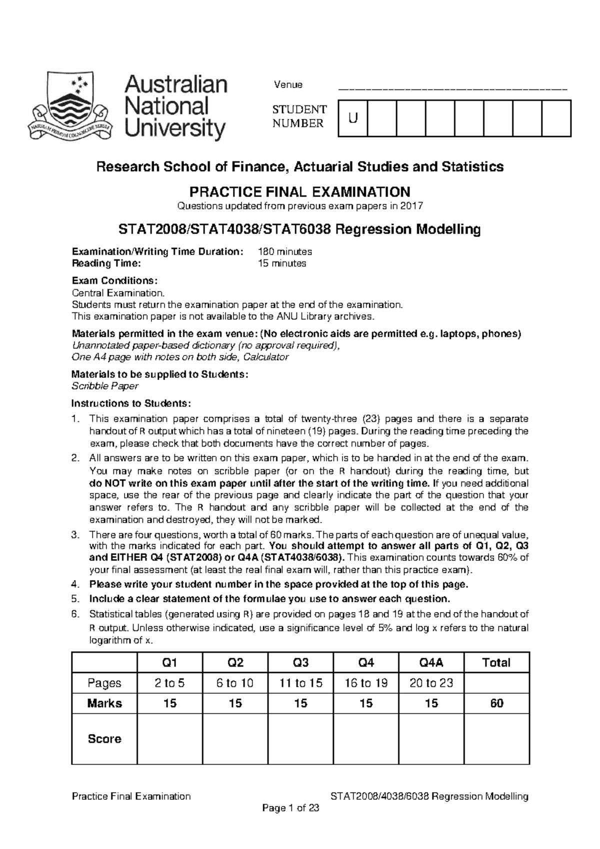 Exam 2017 Questions Practice Final Examination Stat2008 4038 6038 Regression Modelling