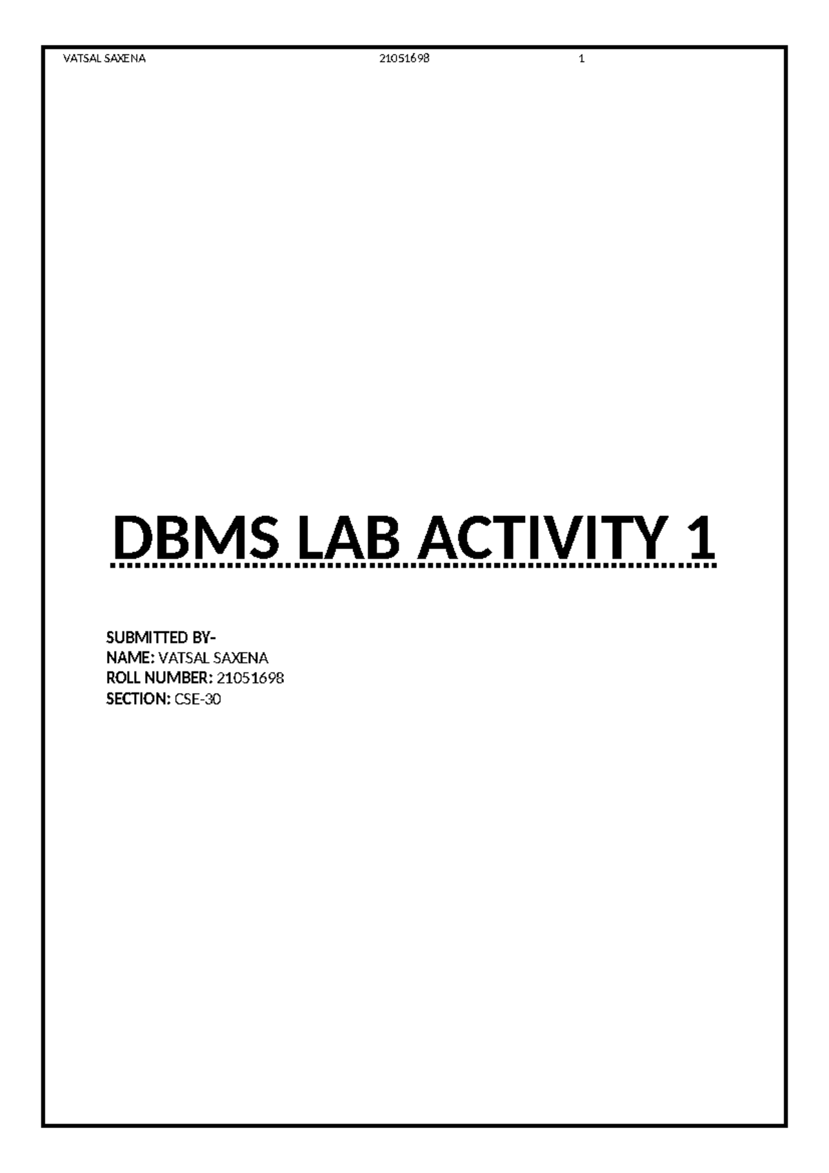 Dbms Lab Activity Database Management System Dbms Lab Activity 1 Submitted By Name Vatsal