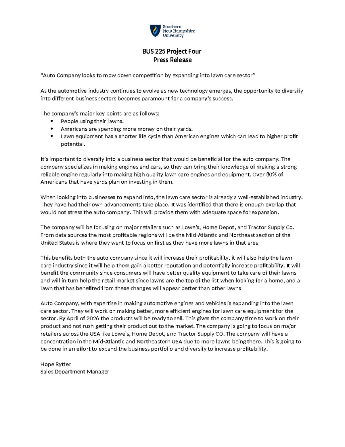 BUS 225 Project Four - BUS 225 Project Four Press Release “Auto Company ...