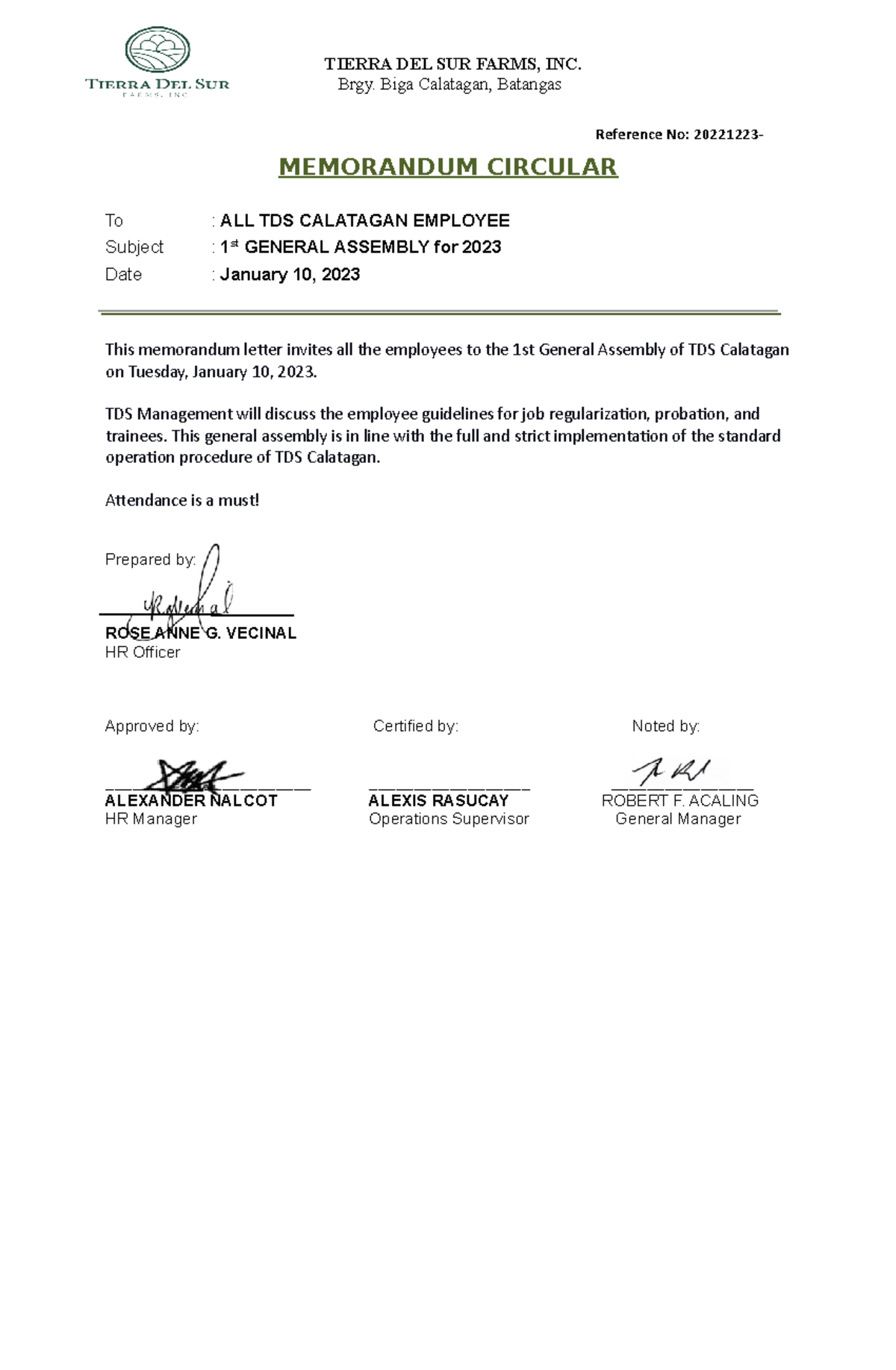 MEMO General Assembly 2023 - TIERRA DEL SUR FARMS, INC. Brgy. Biga ... MEMO General Assembly 2023 - TIERRA DEL SUR FARMS, INC. Brgy. Biga ...