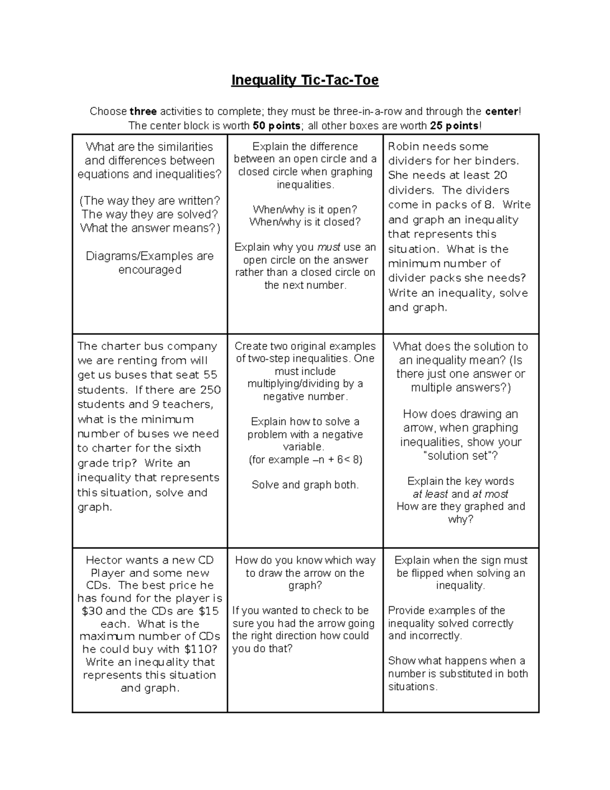 Inequality tic-tac-toe project - Inequality Tic-Tac-Toe Choose three ...