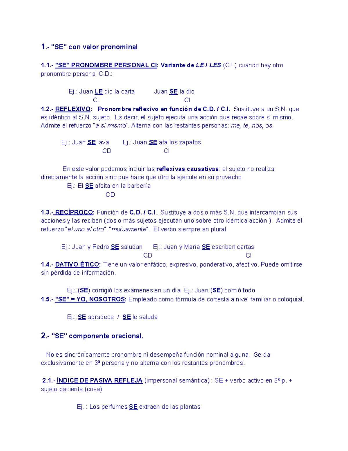 Valores del se - 1 .- "SE" con valor pronominal 1.- "SE" PRONOMBRE ...