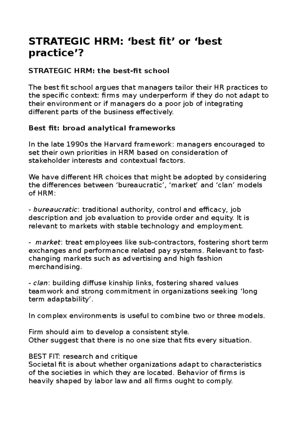 Chapter 3 - Boxall and Purcell - STRATEGIC HRM: ‘best fit’ or ‘best ...