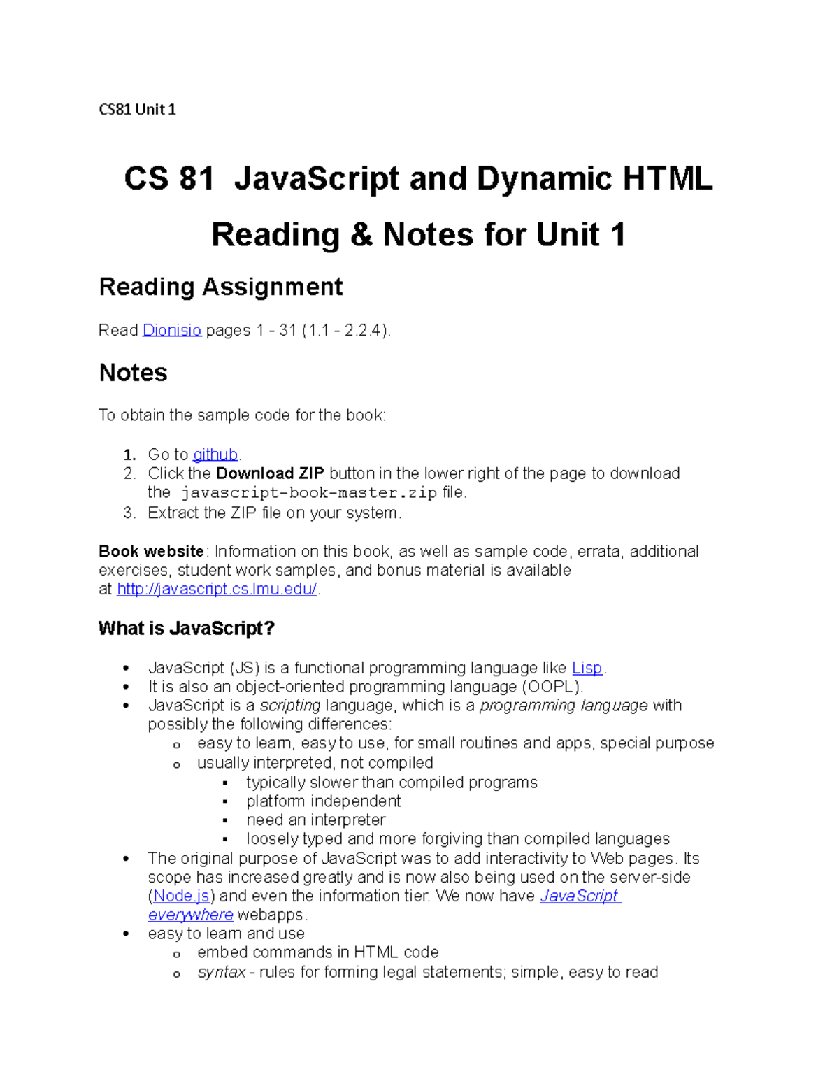 CS81Unit1 - module - CS81 Unit 1 CS 81 JavaScript and Dynamic HTML ...