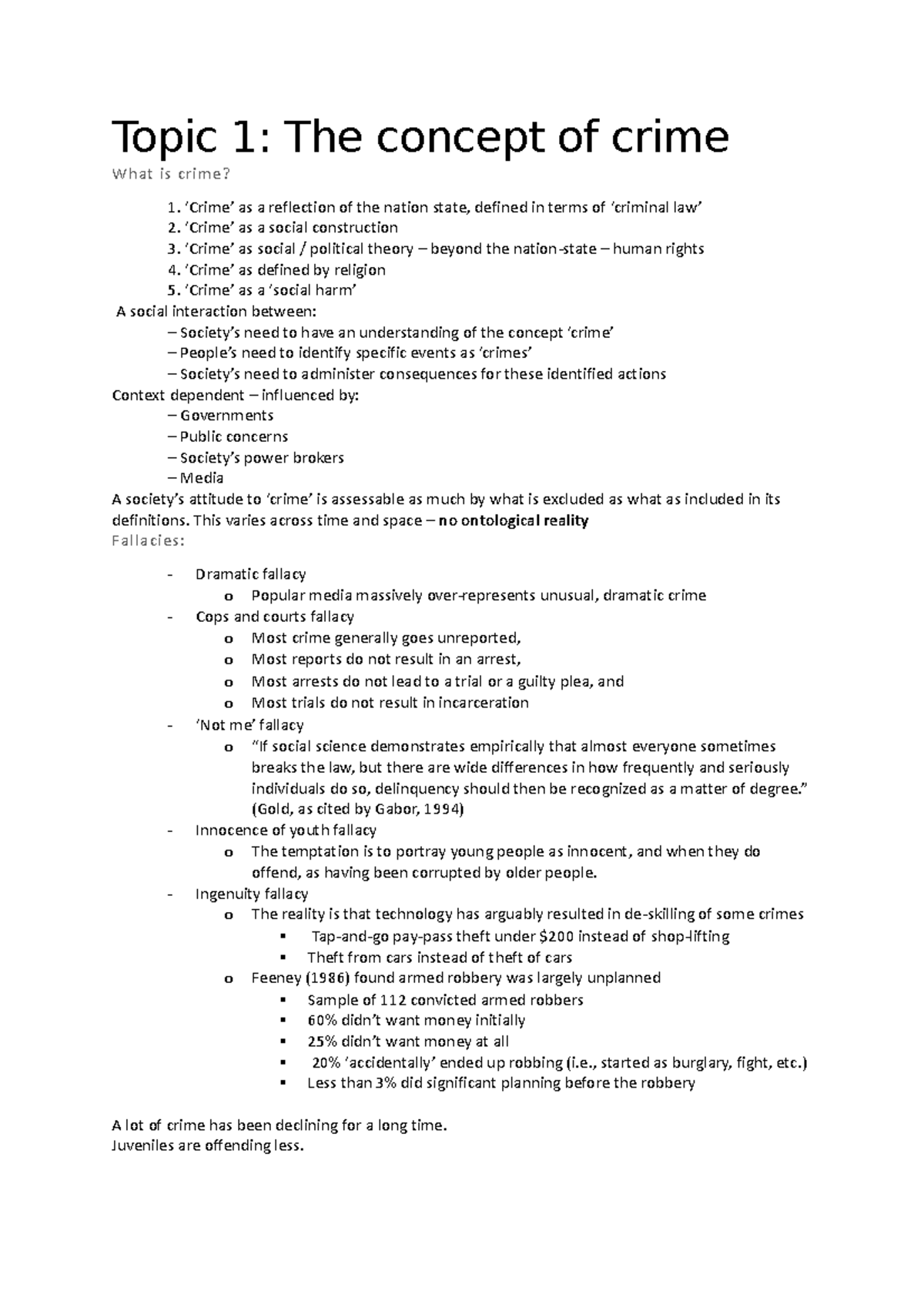 Full revision law exam - topic summary - Topic 1: The concept of crime ...
