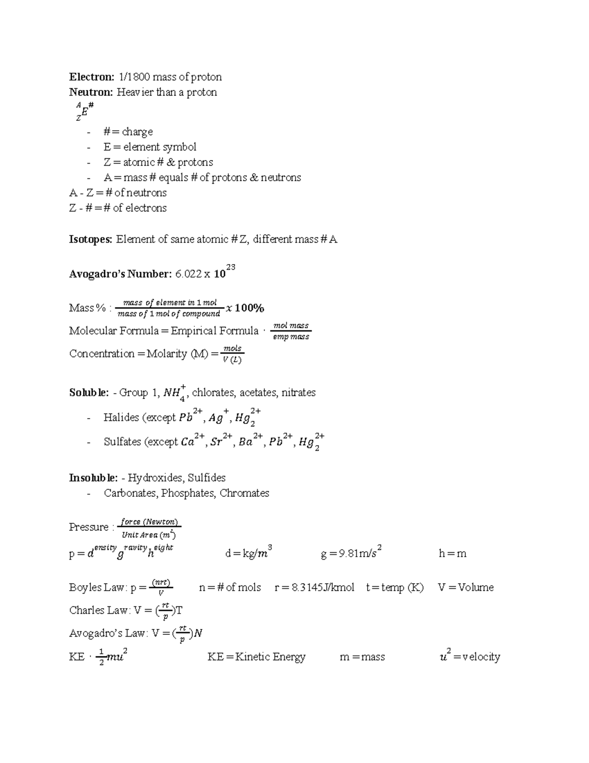Chem notes - Electron: 1/1800 mass of proton Neutron: Heavier than a ...