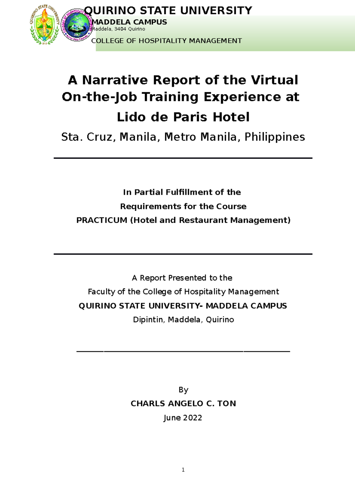 Narrative-Charls-Ton-Updated - A Narrative Report of the Virtual On-the ...