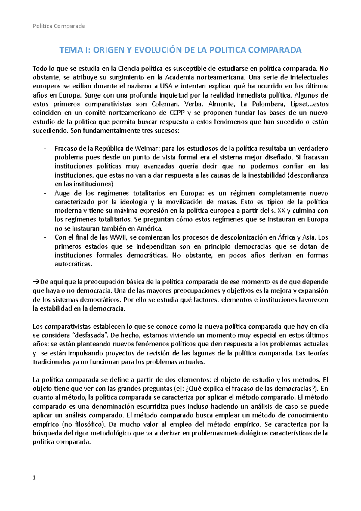 Apuntes politica comparada - Política Comparada TEMA I: ORIGEN Y ...
