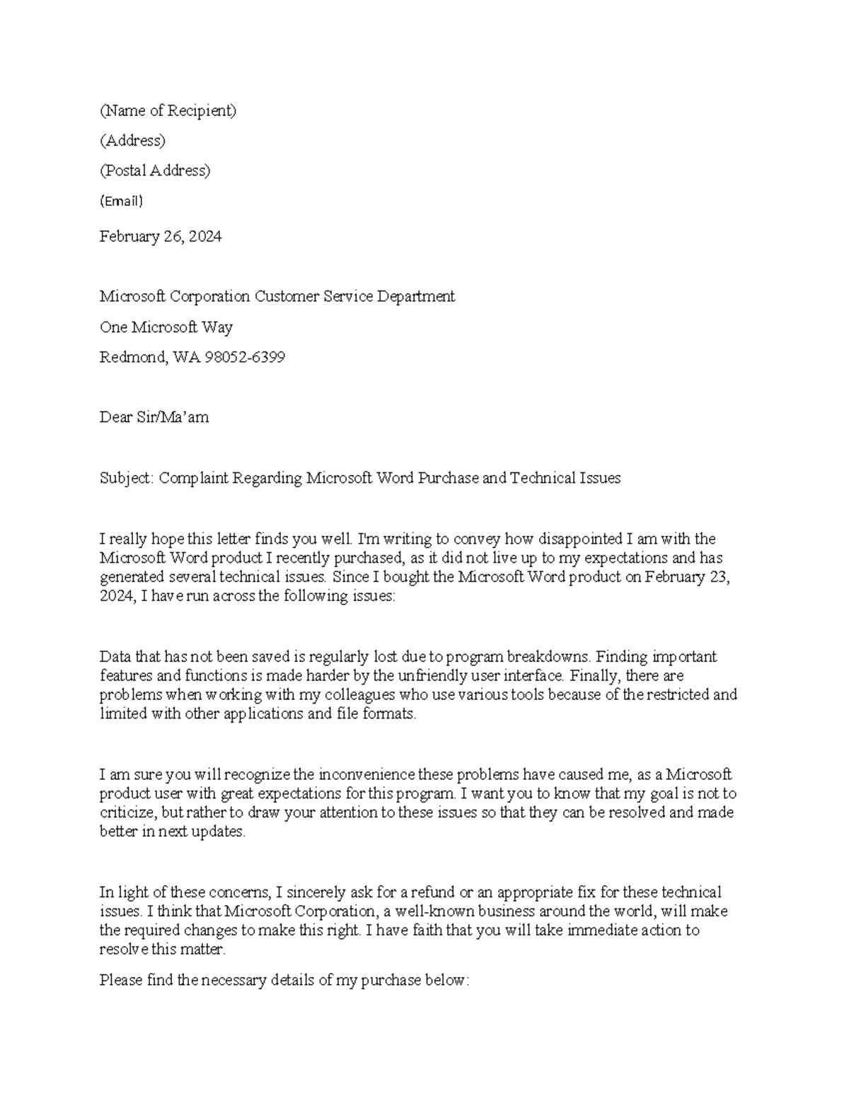 Compliant letter - (Name of Recipient) (Address) (Postal Address) (Email) February 26, 2024 ...