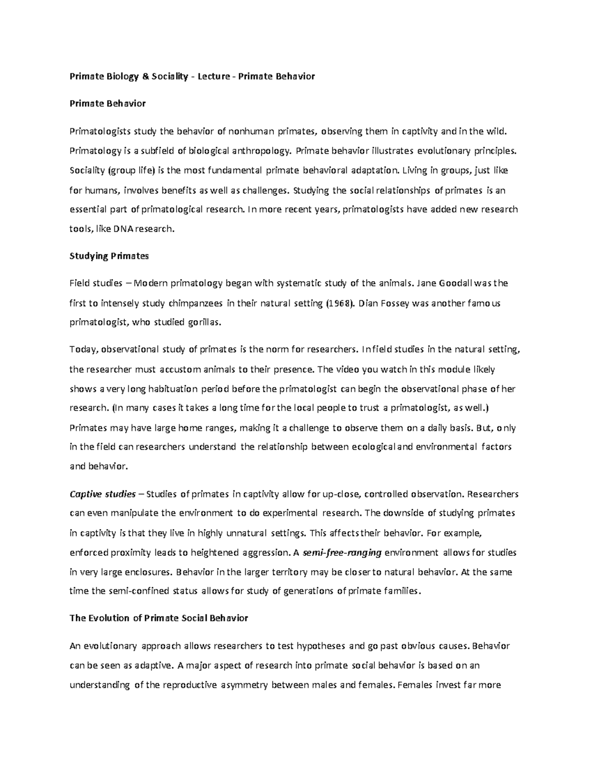 Biological Anthropology - Primate Behavior - Primate Biology ...