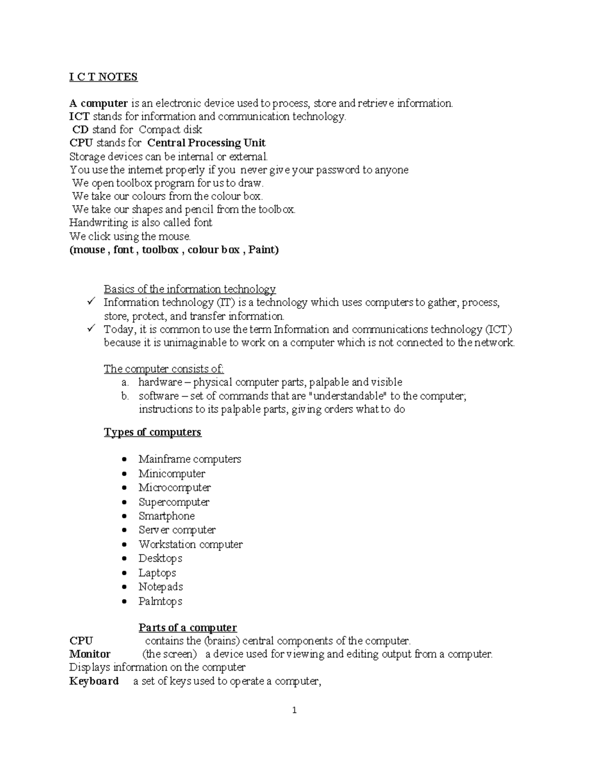 I-c-t-notes compress - I C T NOTES A computer is an electronic device ...
