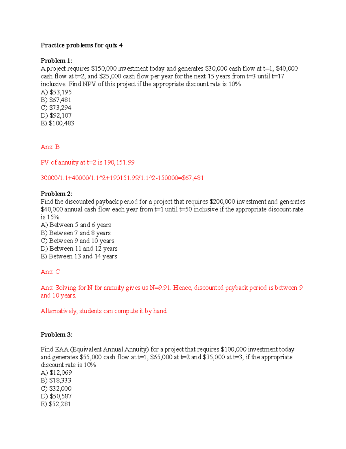 Quiz 4, questions and answers - Practice problems for quiz 4 Problem 1 ...