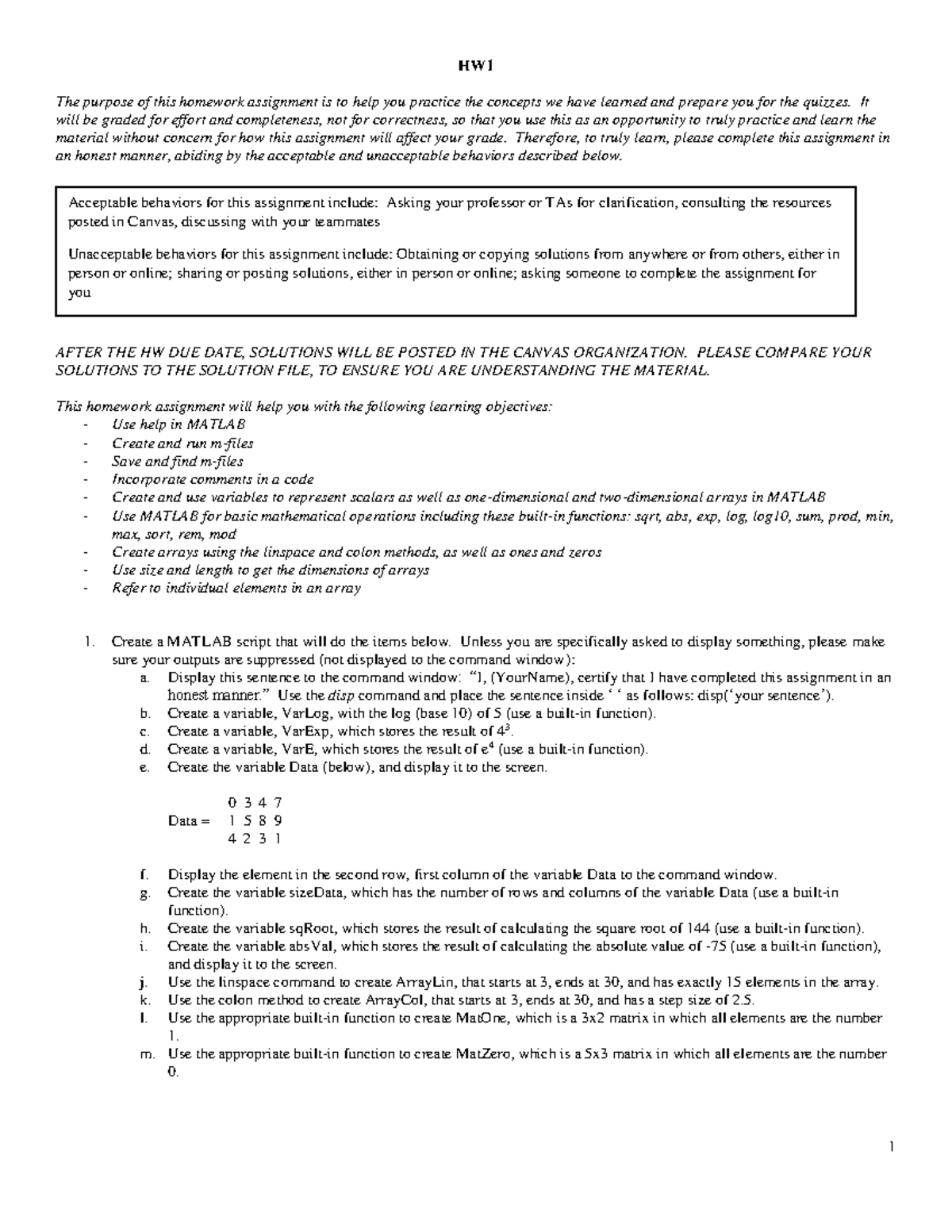 Hw1 Practicing Matlab Homework 1 Hw 1 The Purpose Of This Homework Assignment Is To Help You