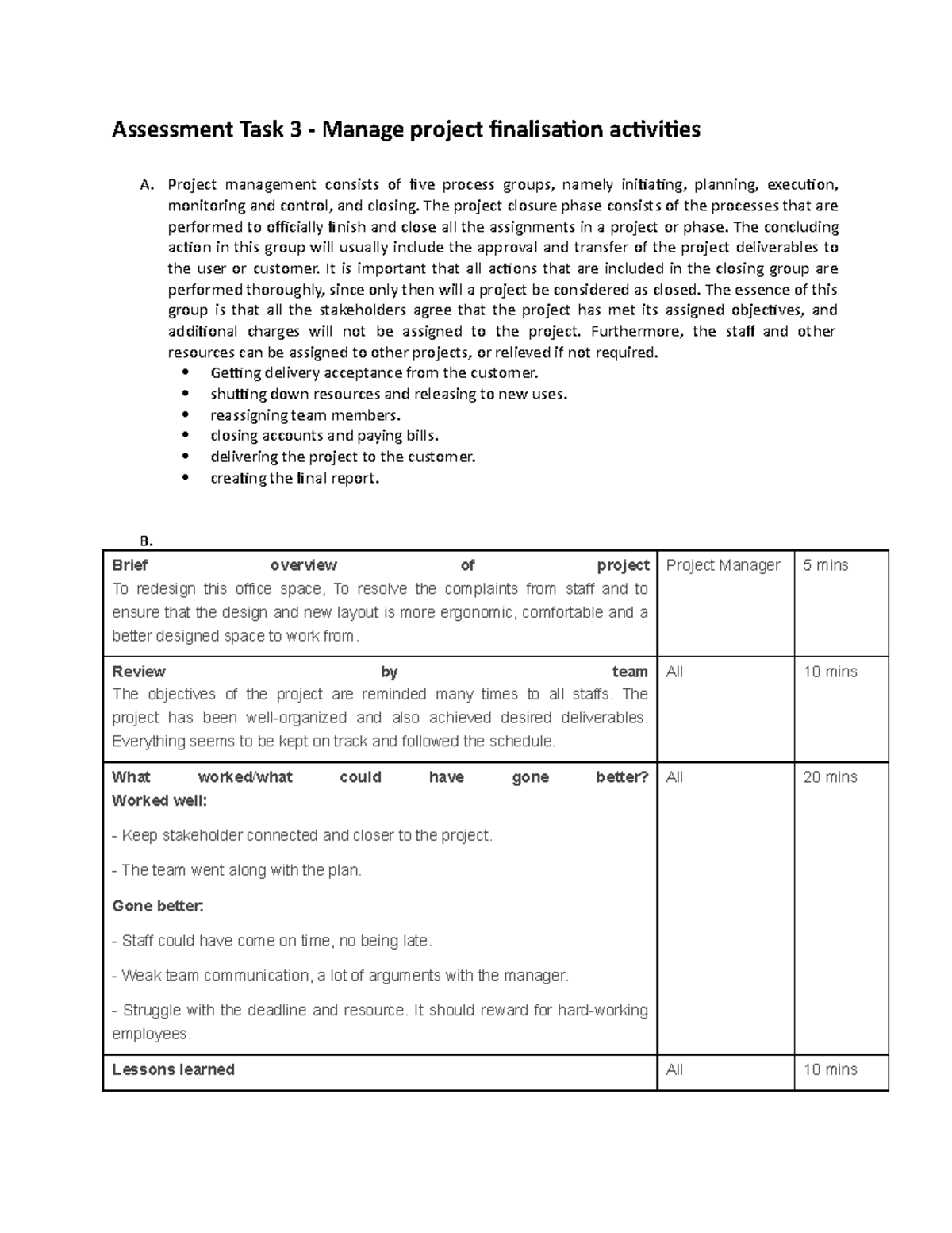 Assessment Task 3 - Description of part 3 - Assessment Task 3 - Manage project finalisation ...