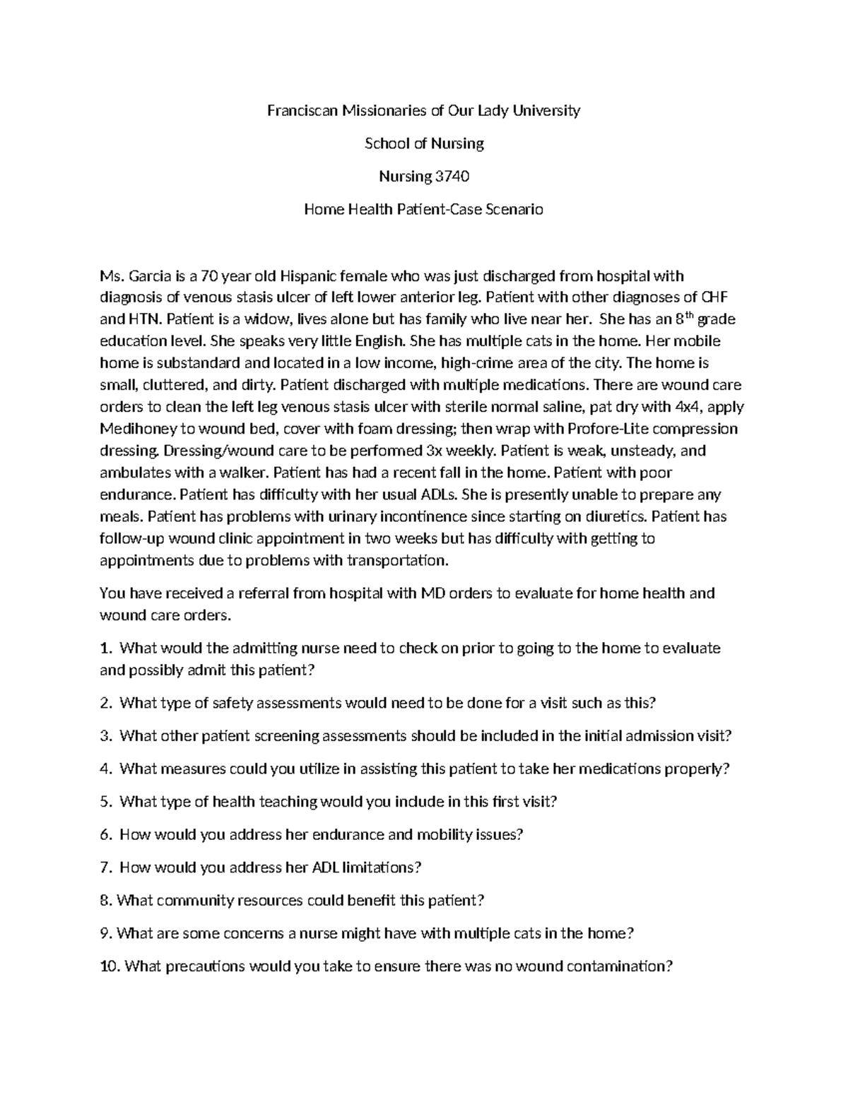 Home Health Patient-Case Scenario - Franciscan Missionaries of Our Lady ...