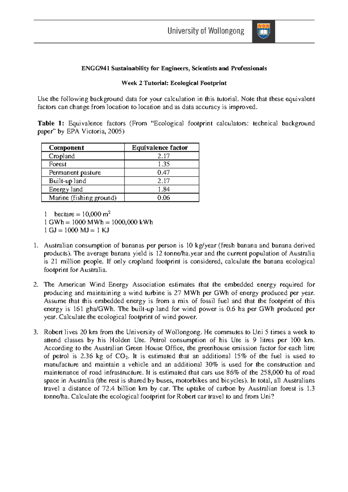 ENGG941 Week 2 Tutorial Questions - AUTUMN 2019 ENGG941 Sustainability ...