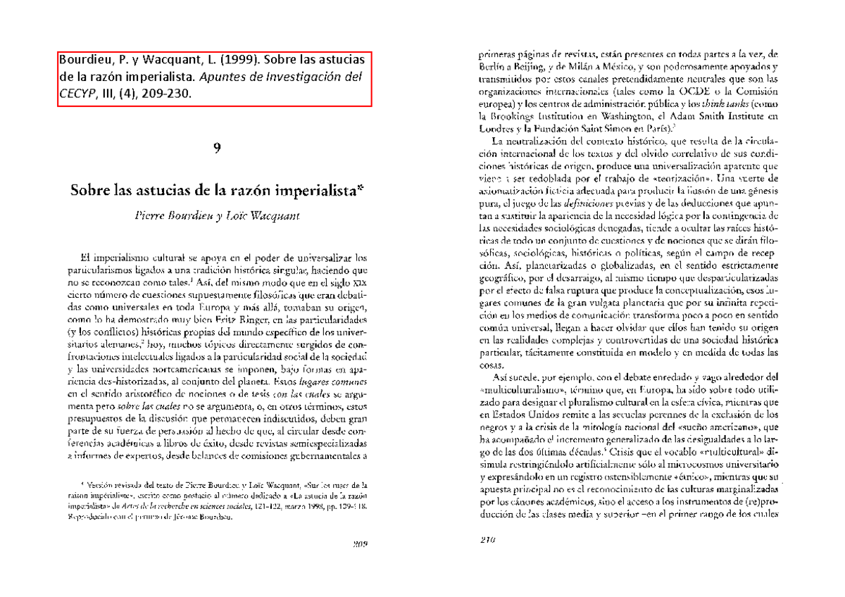Bourdieu y Waquant (1998) Sobre las astucias de la razón imperialista ...